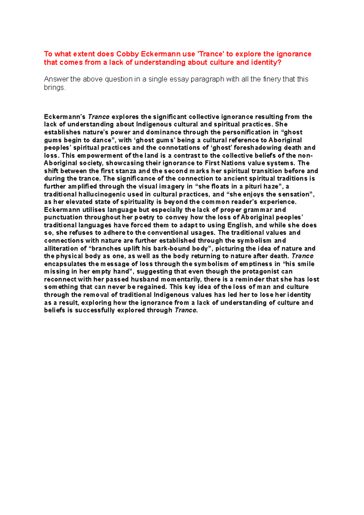 Trance by Ali Cobby Eckermann Paragraph - To what extent does Cobby Eckermann use 'Trance' to ...