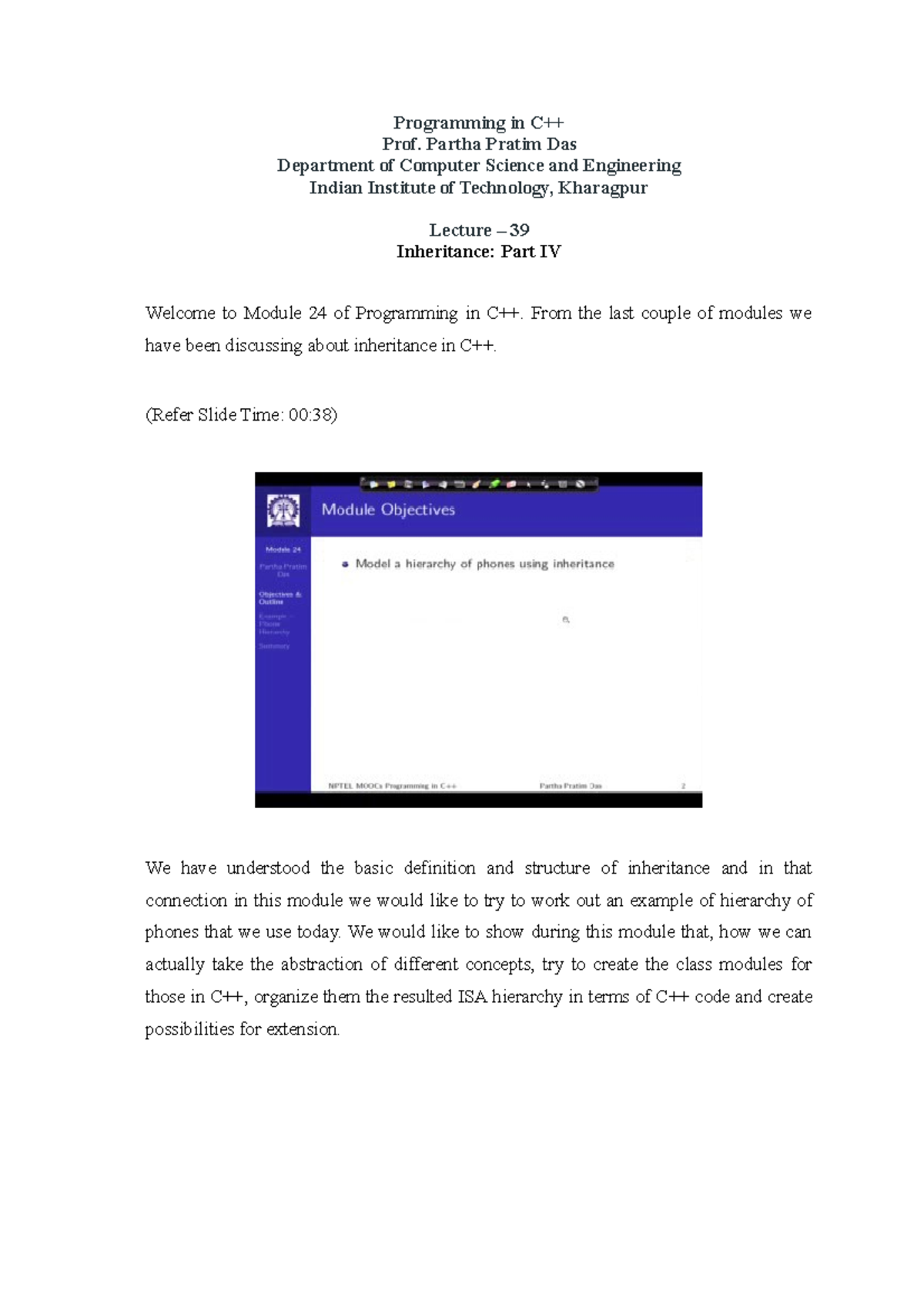Lec 39 Module 24 Inheritance Part IV (Lecture 39) - Programming in C++ Prof. Partha Pratim Das ...