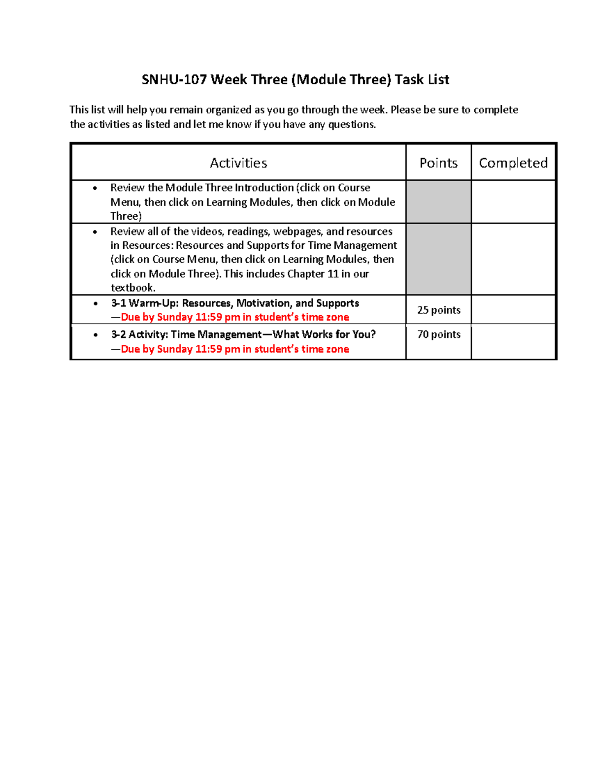 Module 3 Task List assignments and coursework - SNHU-107 Week Three ...