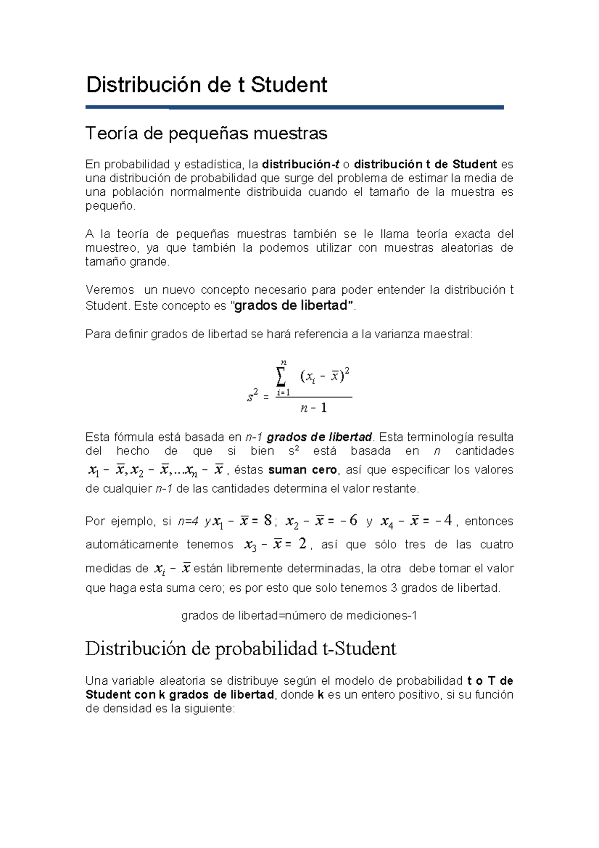 Distribucion t Student - Distribución de t Student Teoría de pequeñas ...