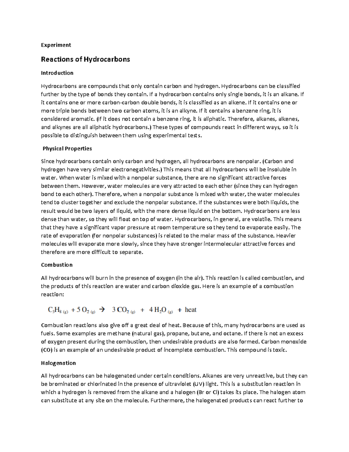 Experiment on reactions of hydrocarbons 2 - Experiment Reactions of ...