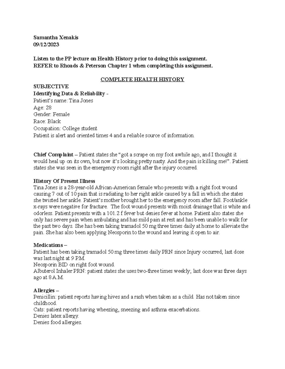 HHT redo2 - Health history documentation. Week 1 assignment - Samantha ...