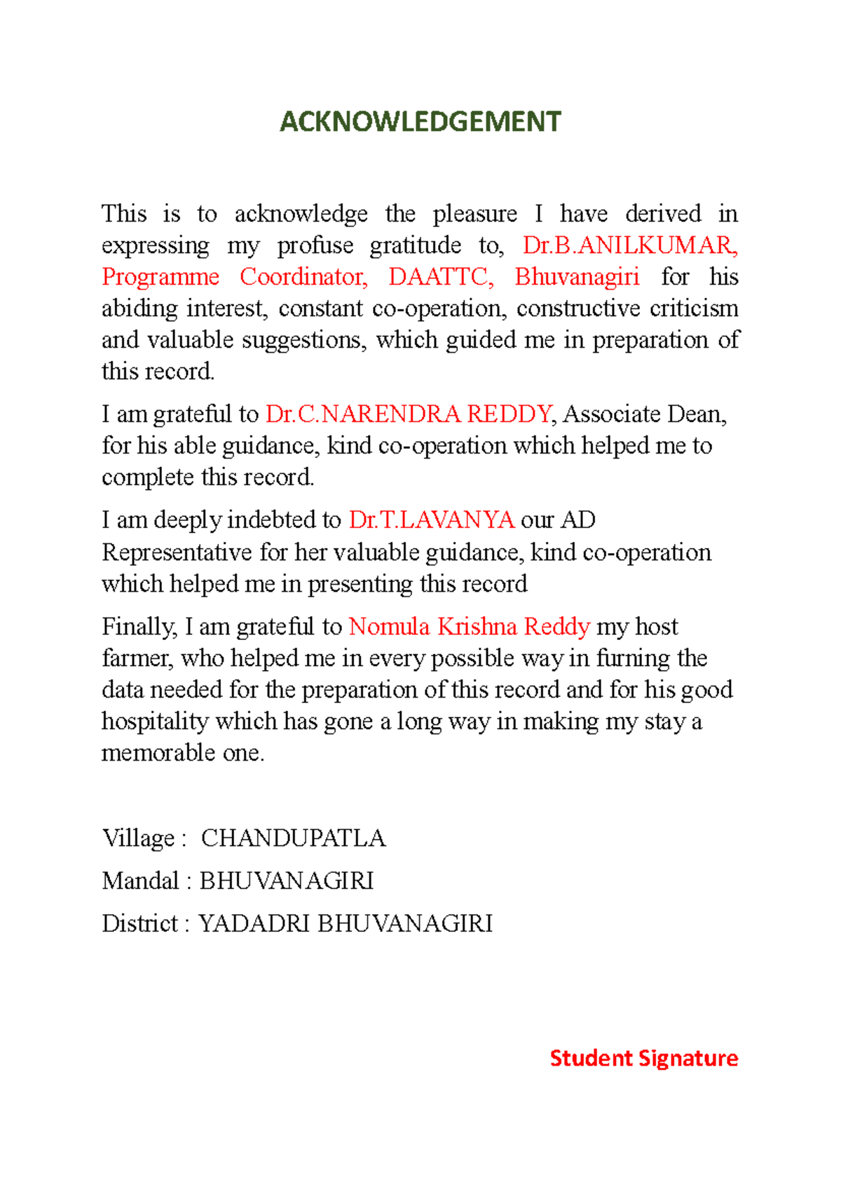 Acknowledgement anusha - ACKNOWLEDGEMENT This is to acknowledge the ...