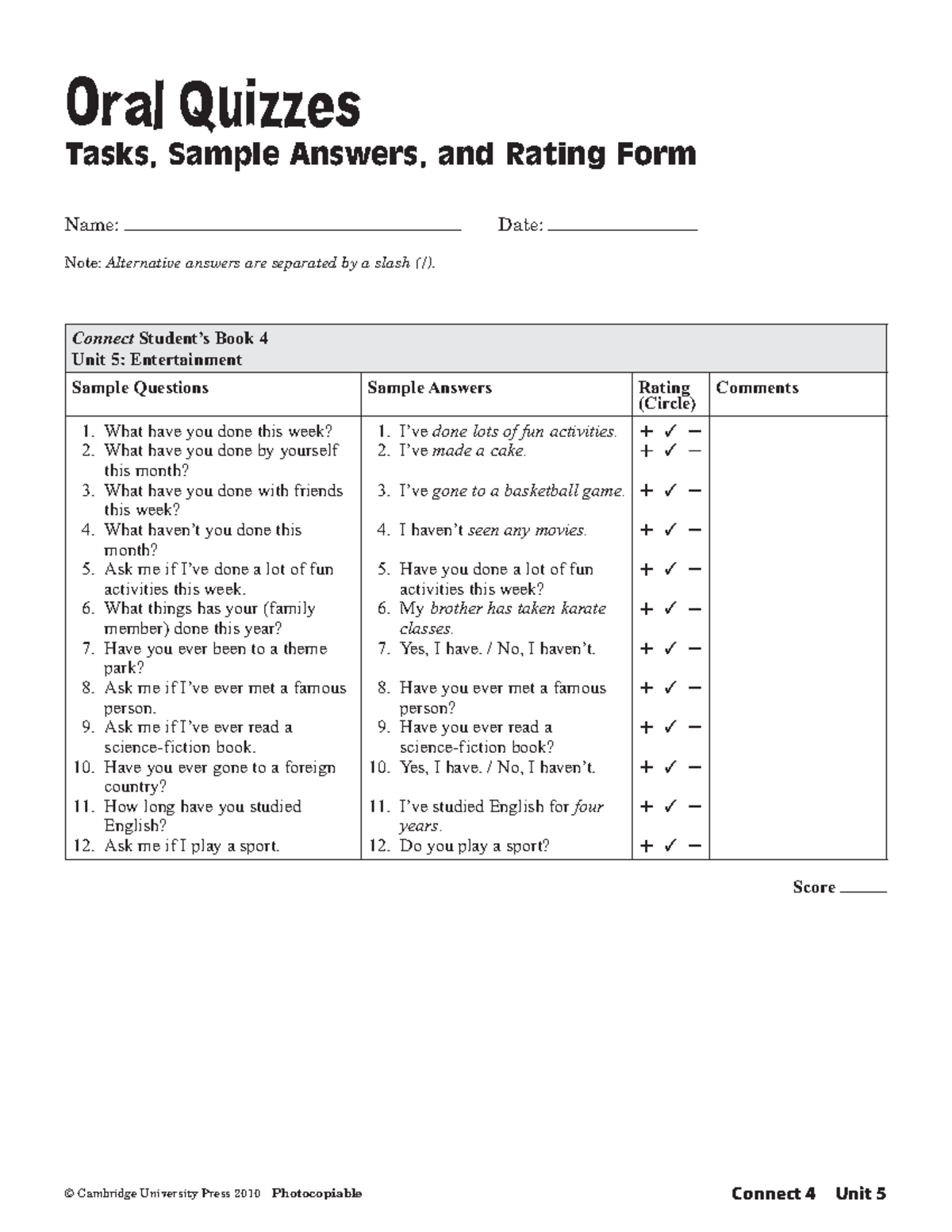 Connect 2 level 4 unit5 oral quiz photocopiable - © Cambridge ...