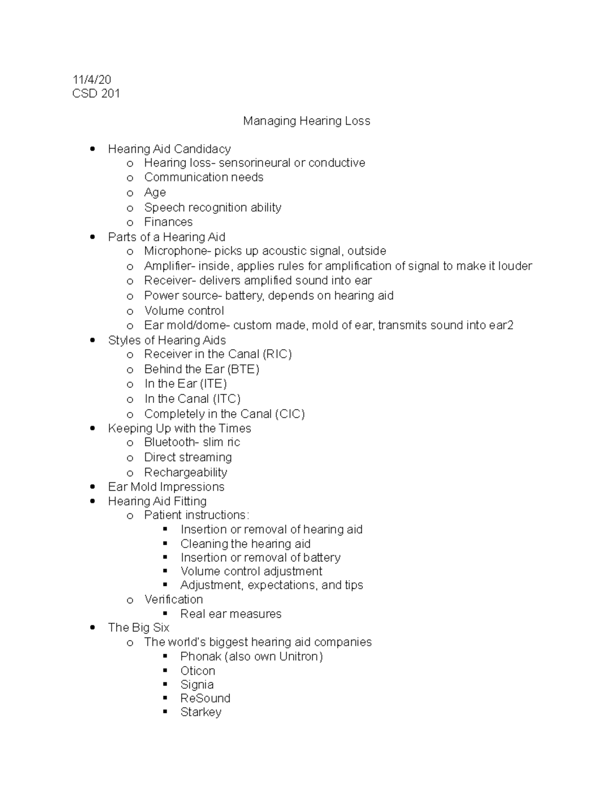 Lecture 13 Managing Hearing Loss - 11/4/ CSD 201 Managing Hearing Loss ...