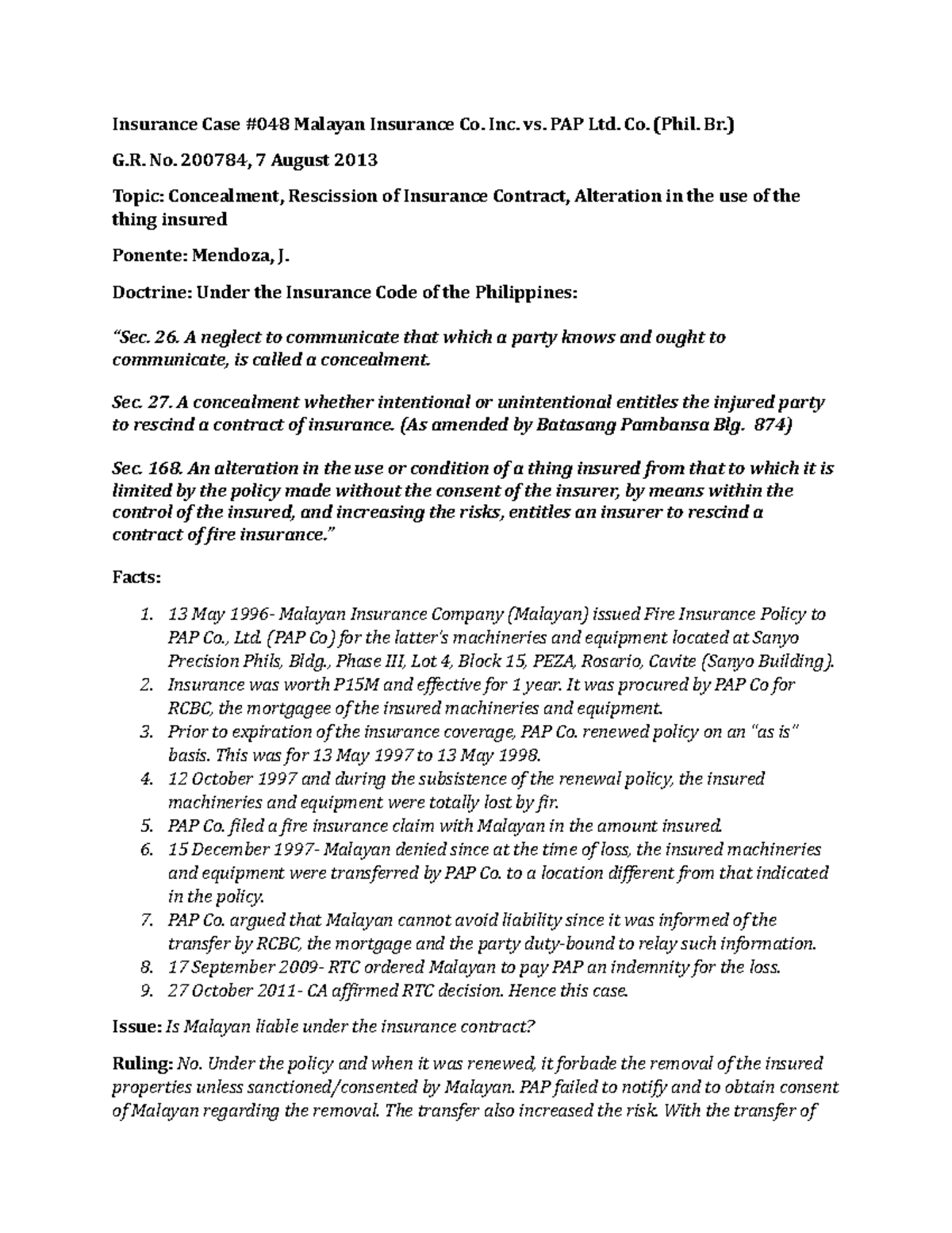 310900179 Insurance Case 048 Malayan Insurance Co Inc vs PAP Ltd Co ...