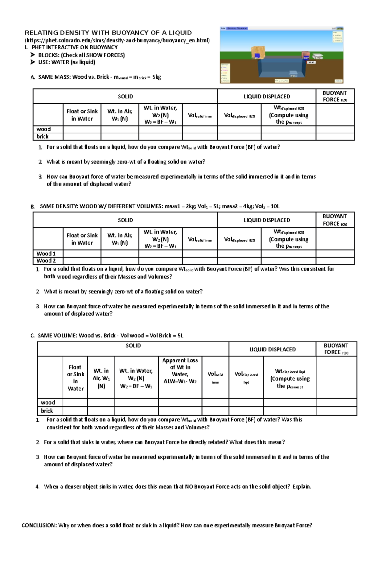 Ana Buoyancy-Activity-Sheet 2-PHET-1-1 - CONCLUSION: Why or when does a ...