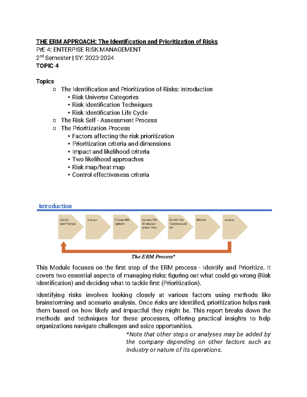 ERM - topic 4 - Enterprise Risk Management reporting materials - THE ERM APPROACH: The - Studocu
