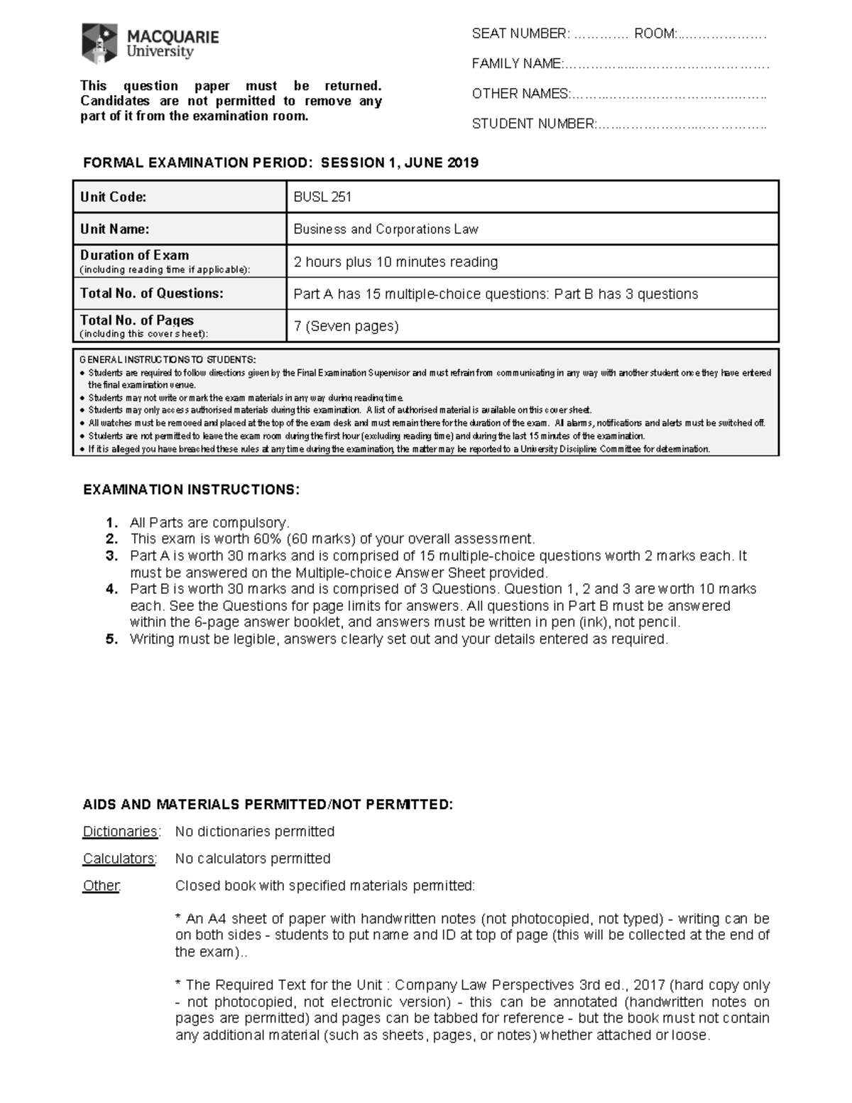 BUSL251 2019 S1 - 2019 past paper - This question paper must be ...