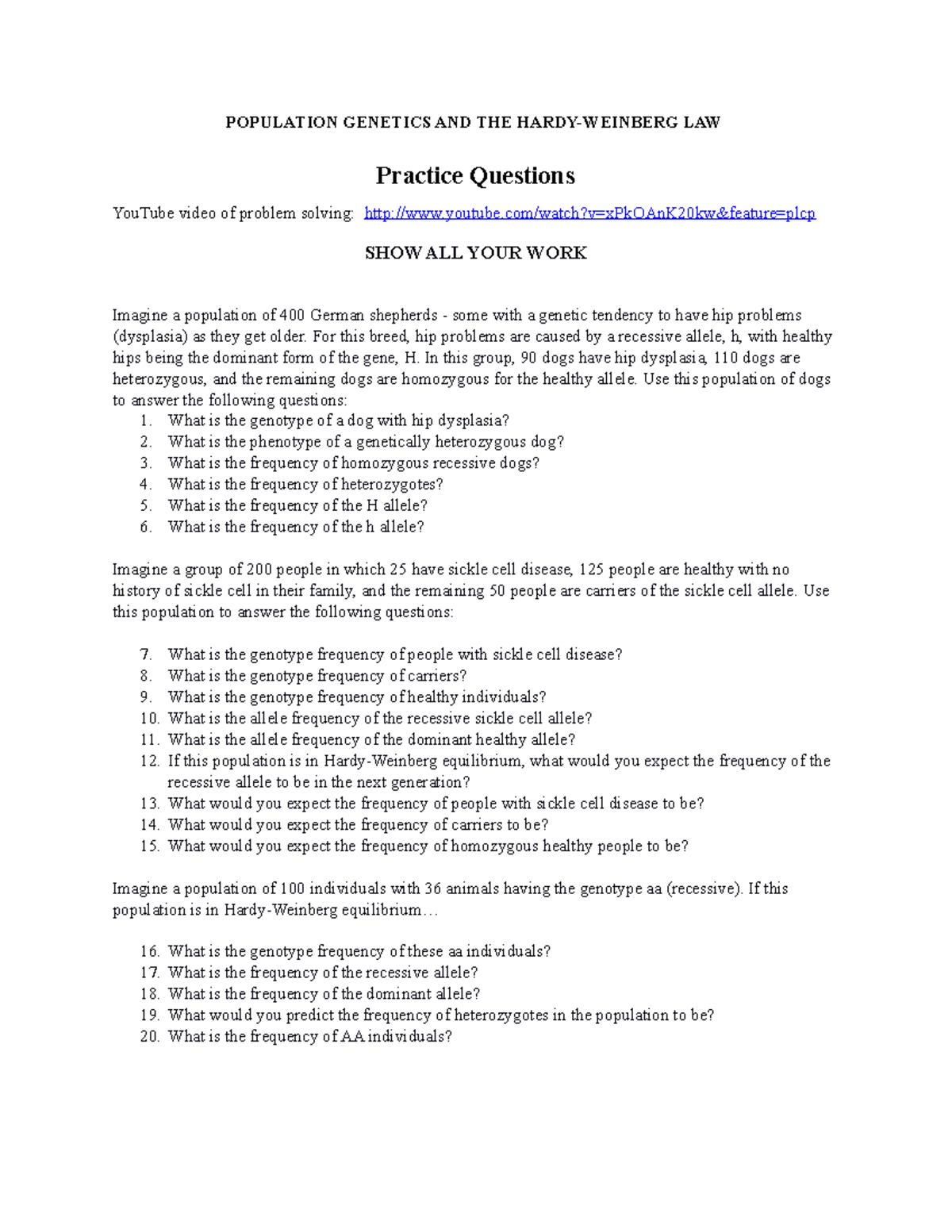 Hardi Weinberg Practice - POPULATION GENETICS AND THE HARDY-WEINBERG ...