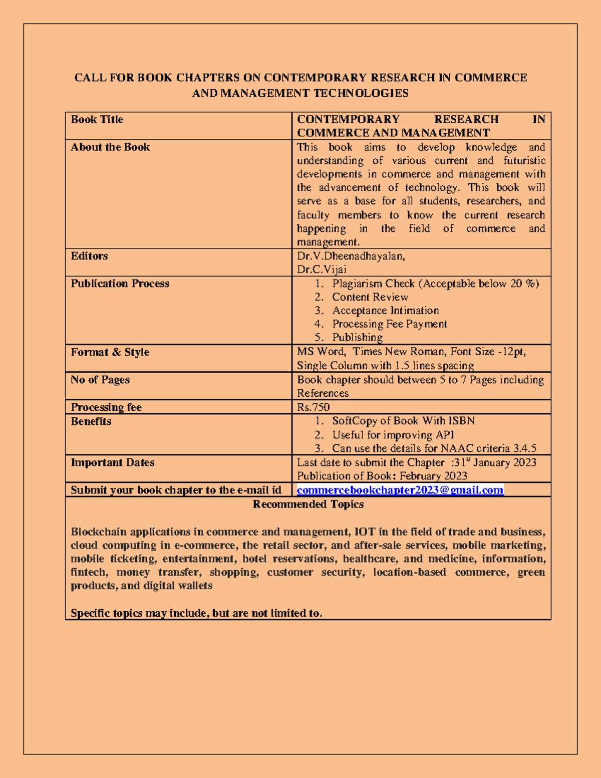 CALL FOR BOOK Chapters ON Contemporary Research IN Commerce AND ...