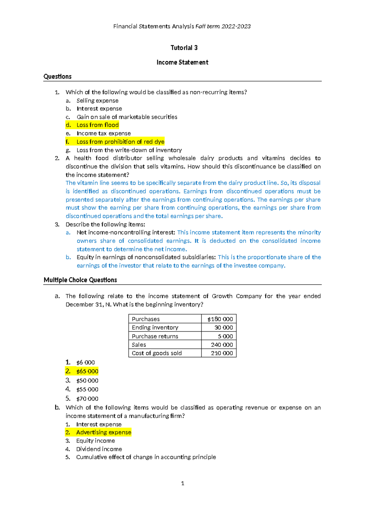Solutions to Tutorial 3-fall 2022 - Tutorial 3 Income Statement ...