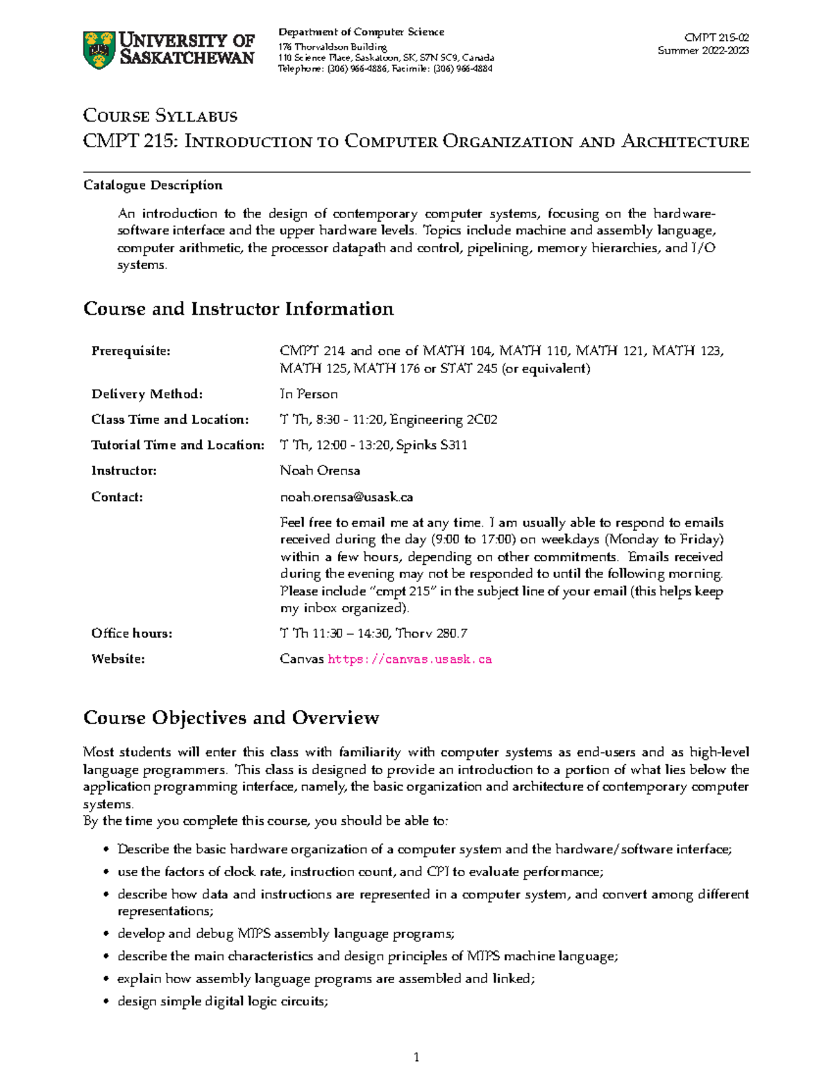 Syllabus - 176 Thorvaldson Building 110 Science Place, Saskatoon, SK ...