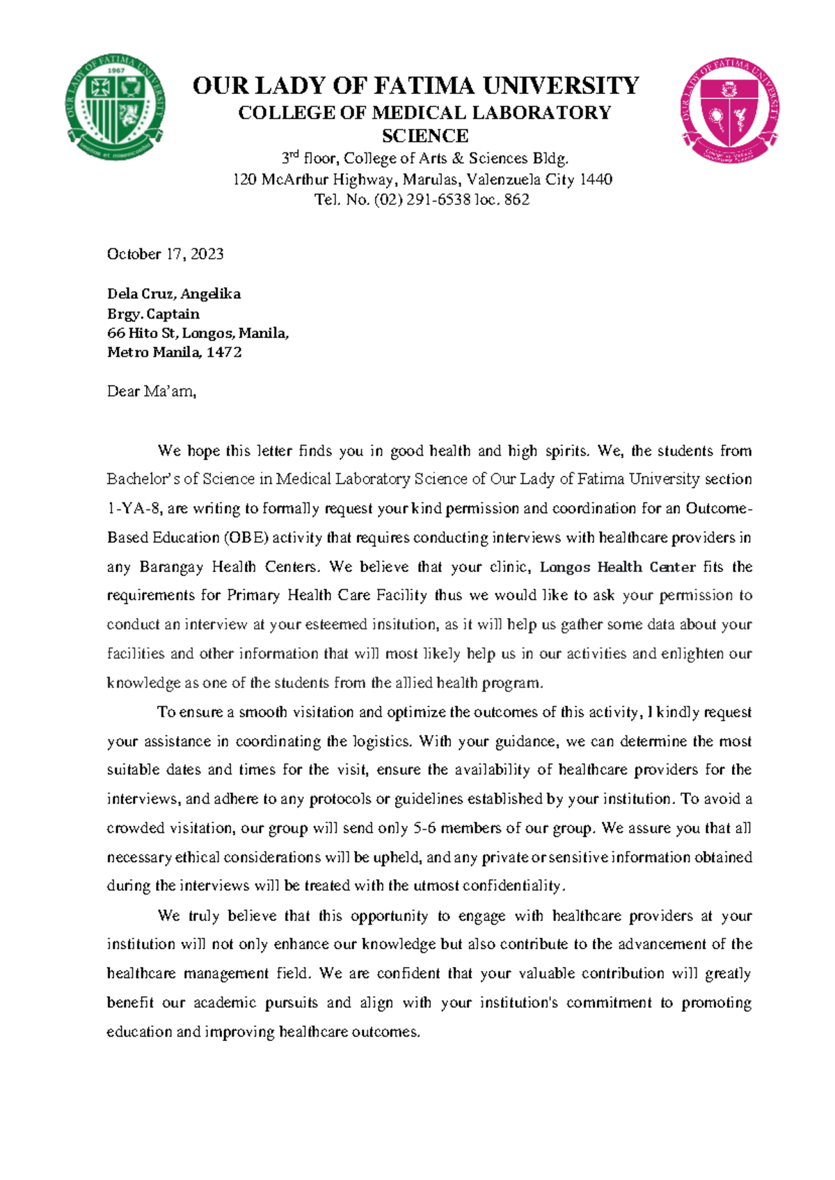 Revised primary final - fdf - OUR LADY OF FATIMA UNIVERSITY COLLEGE OF MEDICAL LABORATORY ...