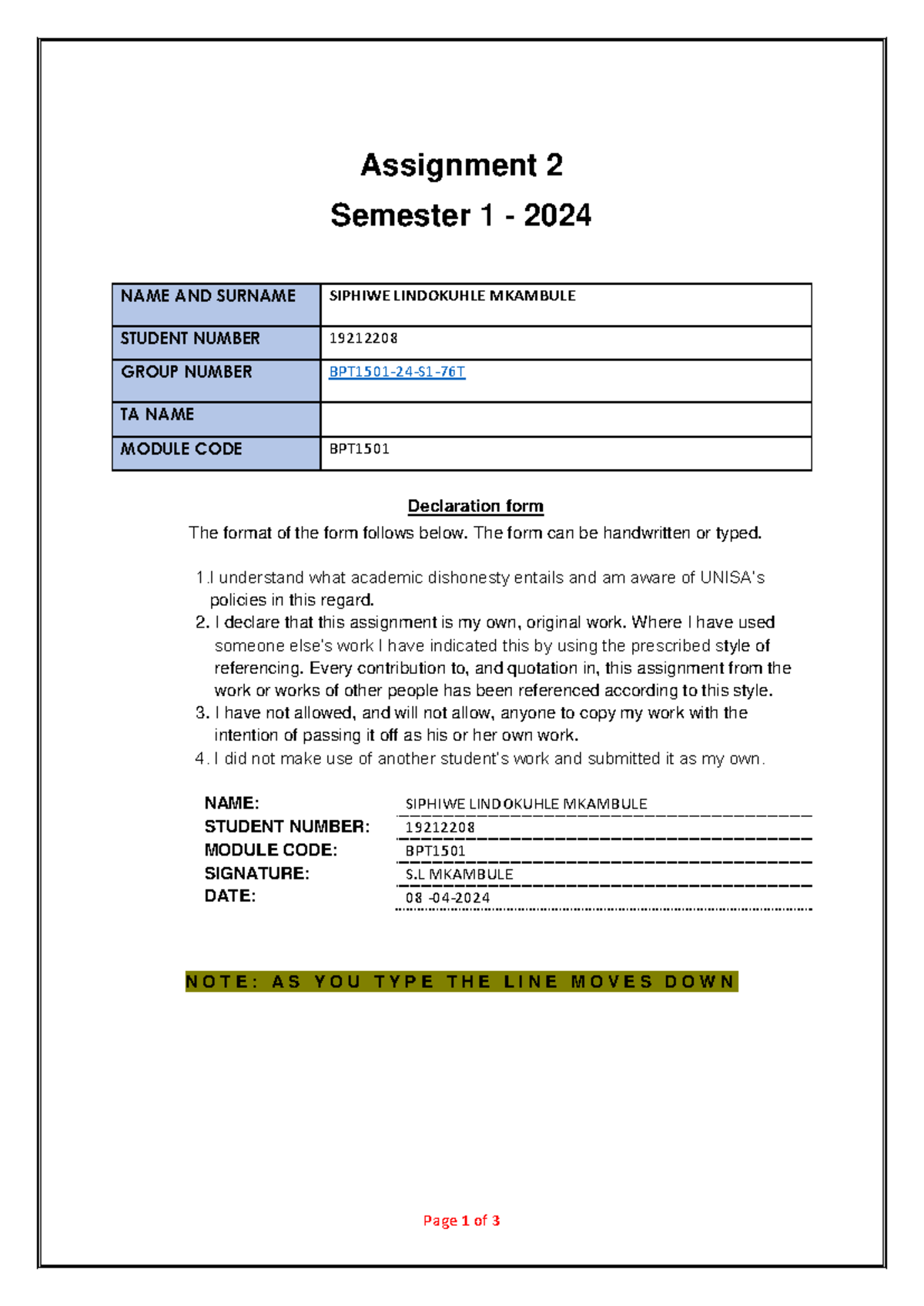 Assignment 2 Template - Page 1 of 3 Assignment 2 Semester 1 - 2024 NAME AND SURNAME SIPHIWE ...
