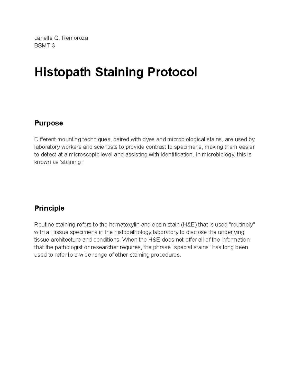 Routine Histopath Protocol Remoroza - Janelle Q. Remoroza BSMT 3 ...