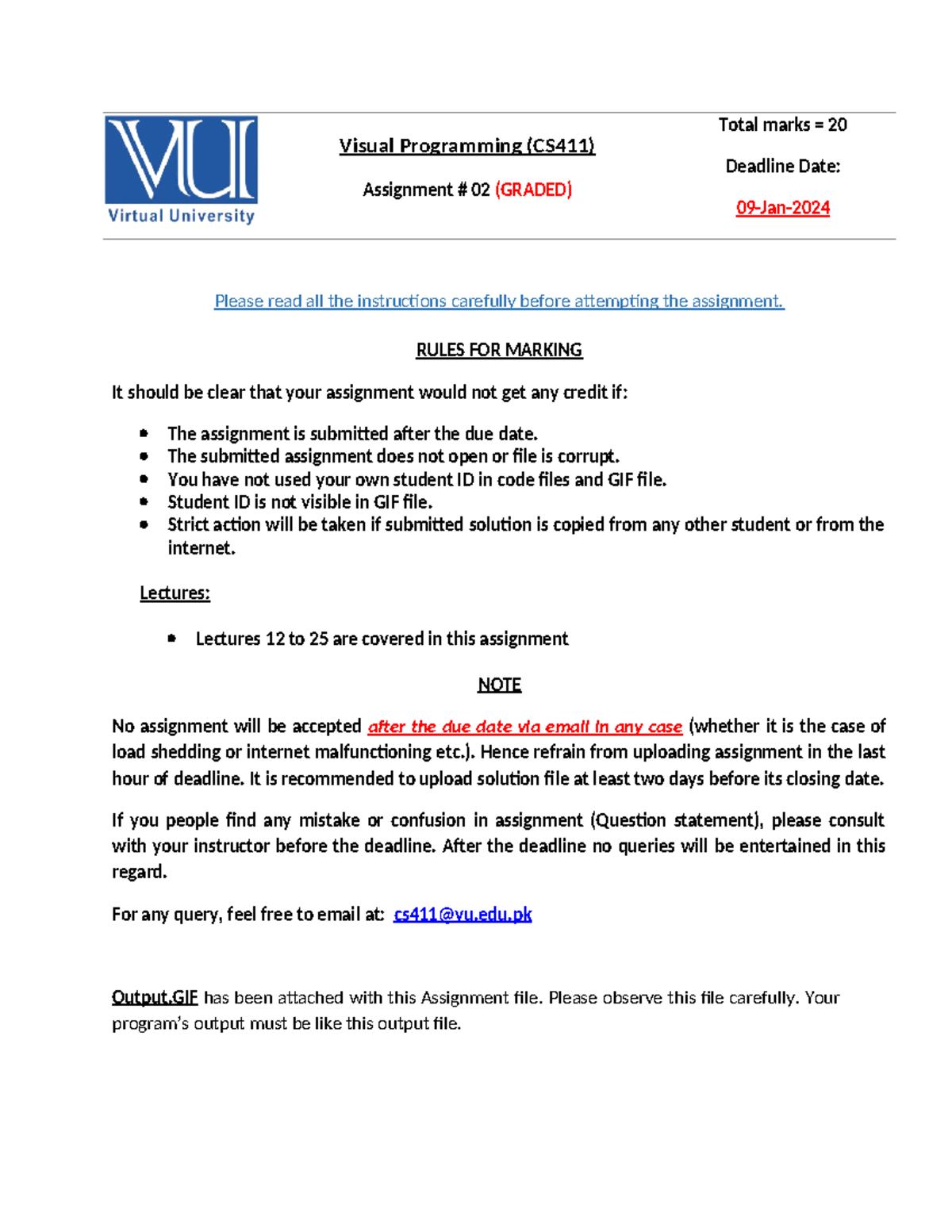 Fall 2023 CS411 2 - Visual Programming (CS411) Assignment # 0 2 (GRADED) Total marks = 20 ...