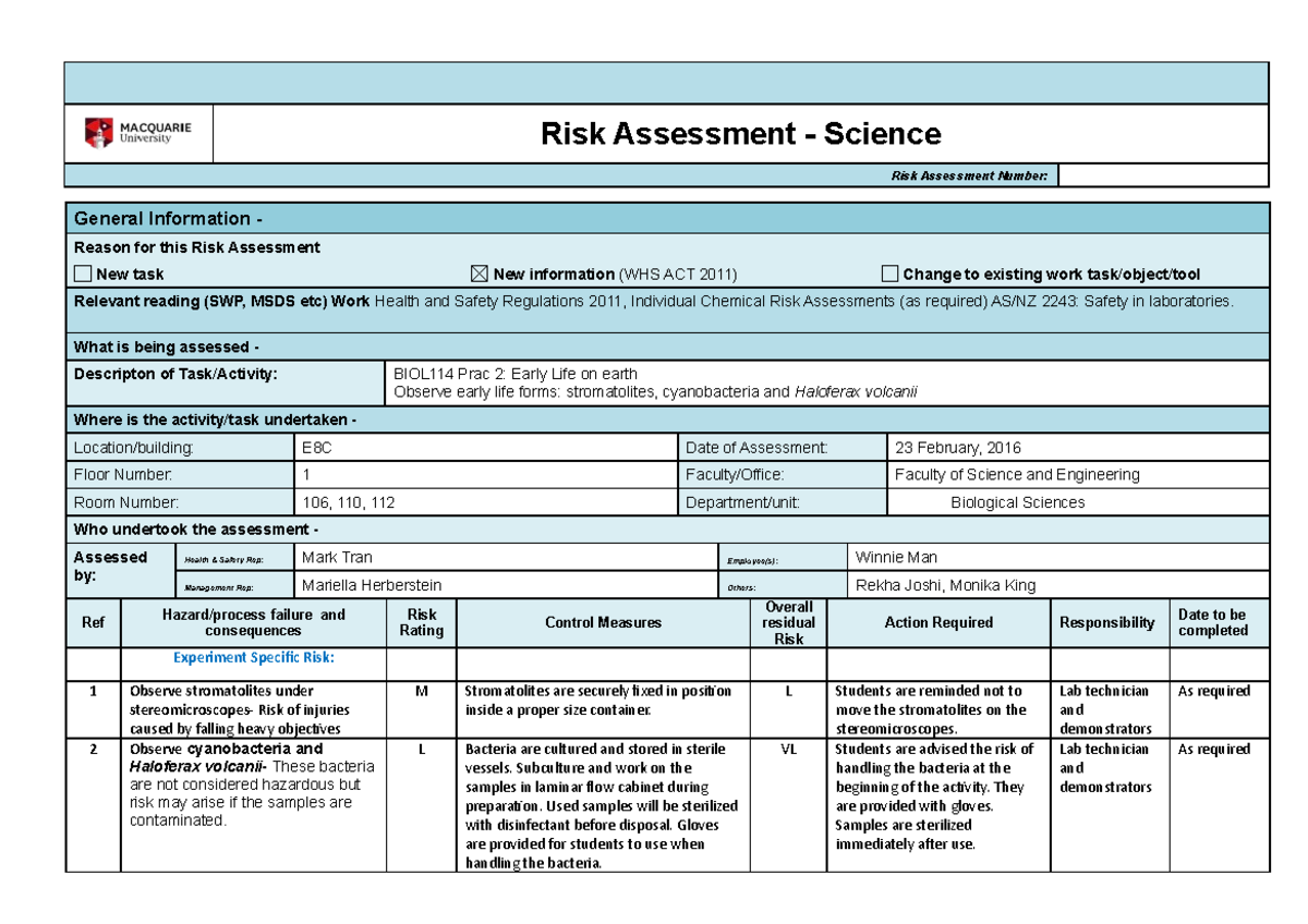 Risk Assessment BIOL114 Prac 2 2016 0223 - Risk Assessment - Science ...