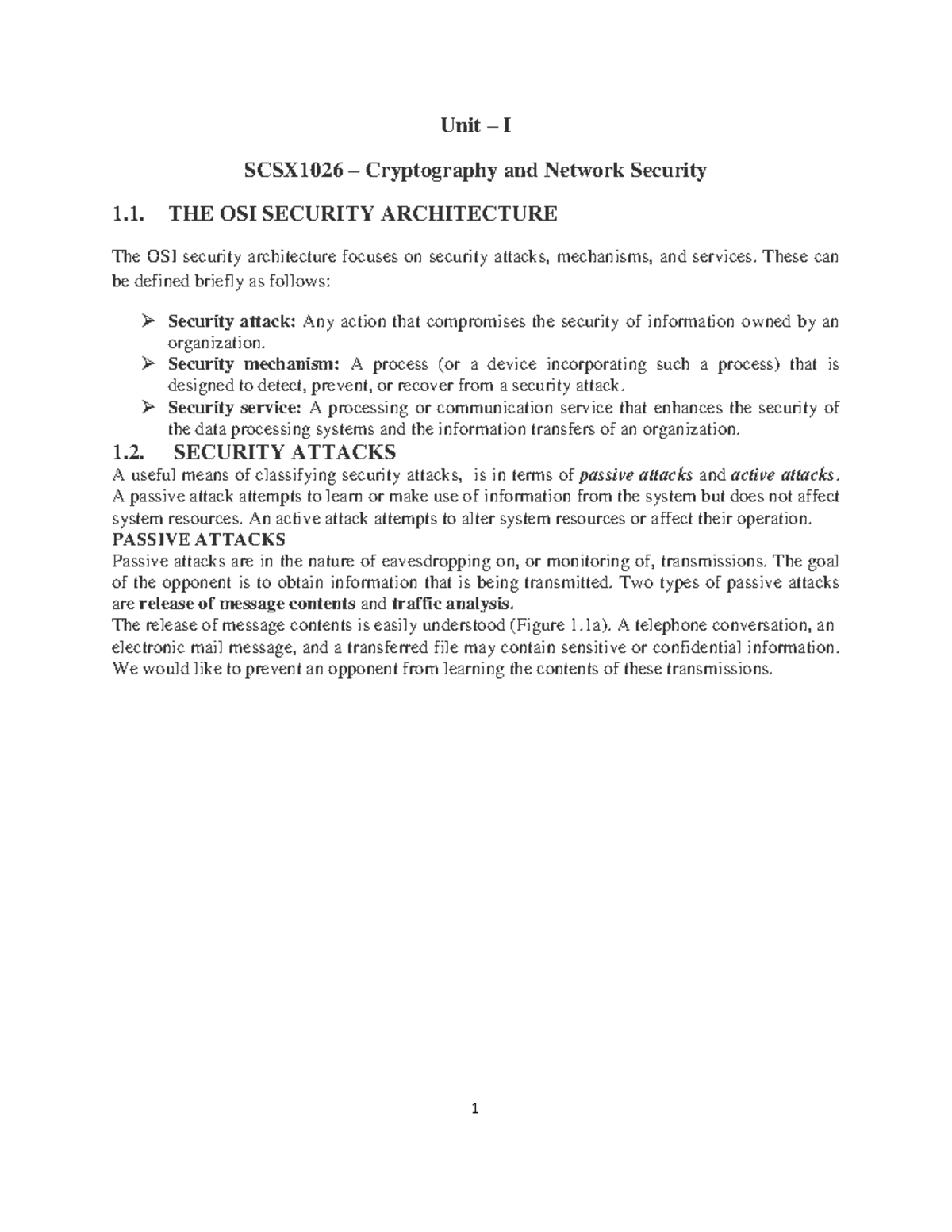 Unit-1 CNS - cns - Unit – I SCSX1026 – Cryptography and Network Security 1. THE OSI SECURITY ...