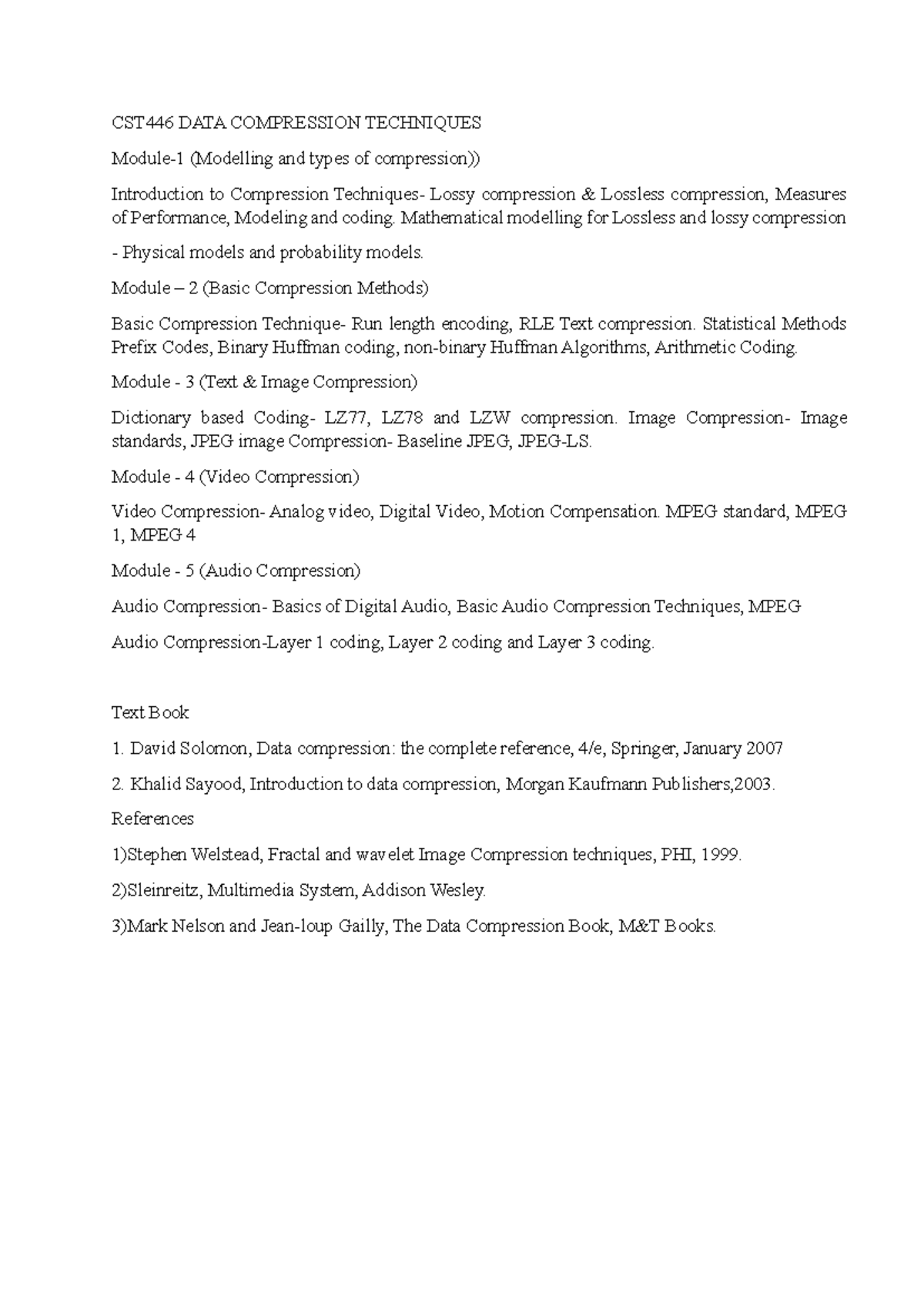 Syllabus - CST446 DATA COMPRESSION TECHNIQUES Module-1 (Modelling and ...