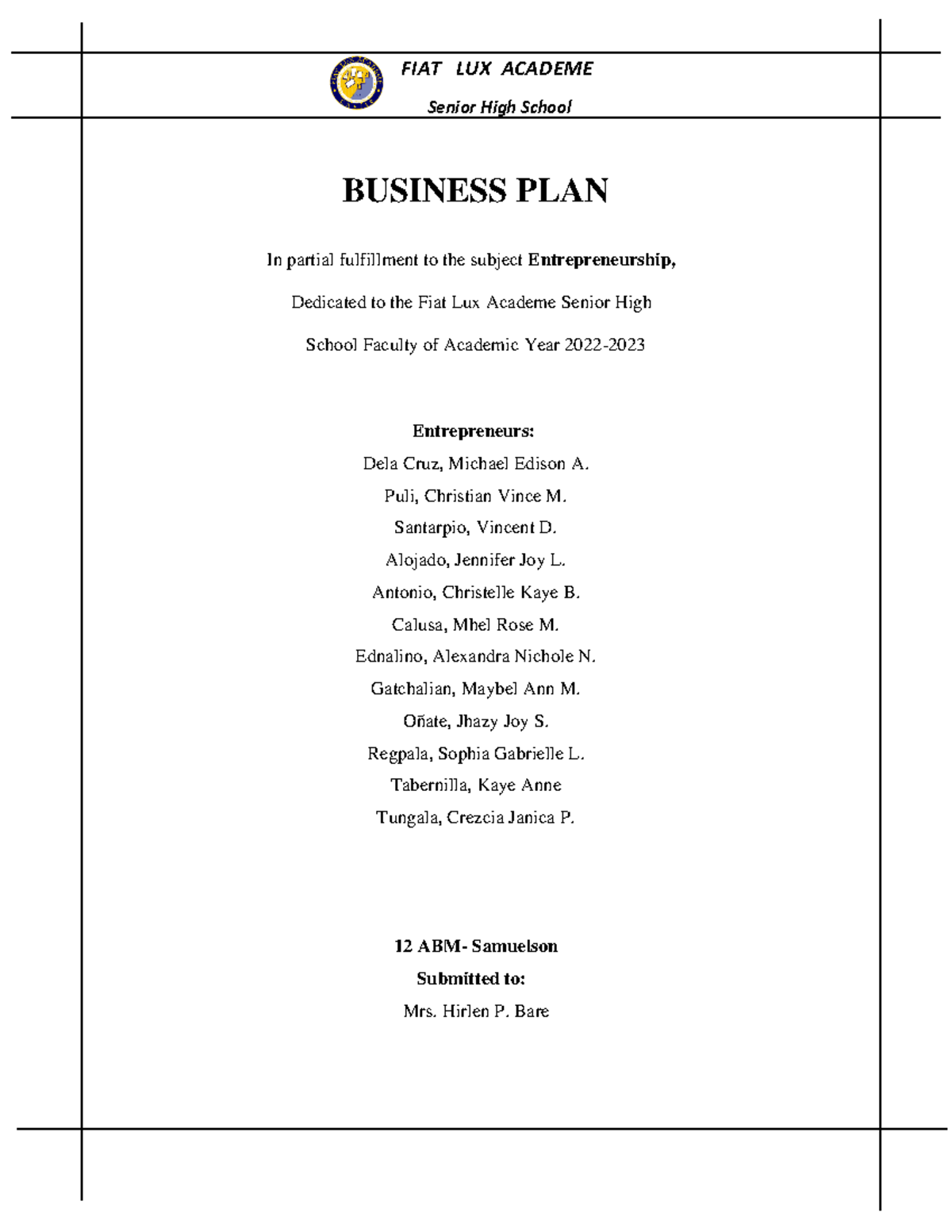 Business-PLAN -Tuna-Onigiri-1 - Senior High School BUSINESS PLAN In ...