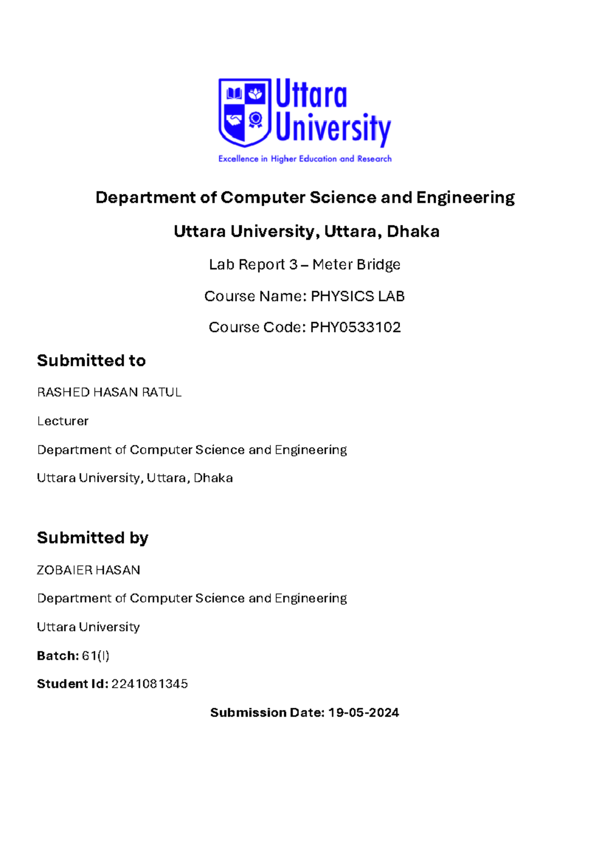 PHY Lab report 3 (zobaier) - Department of Computer Science and Engineering Uttara University ...