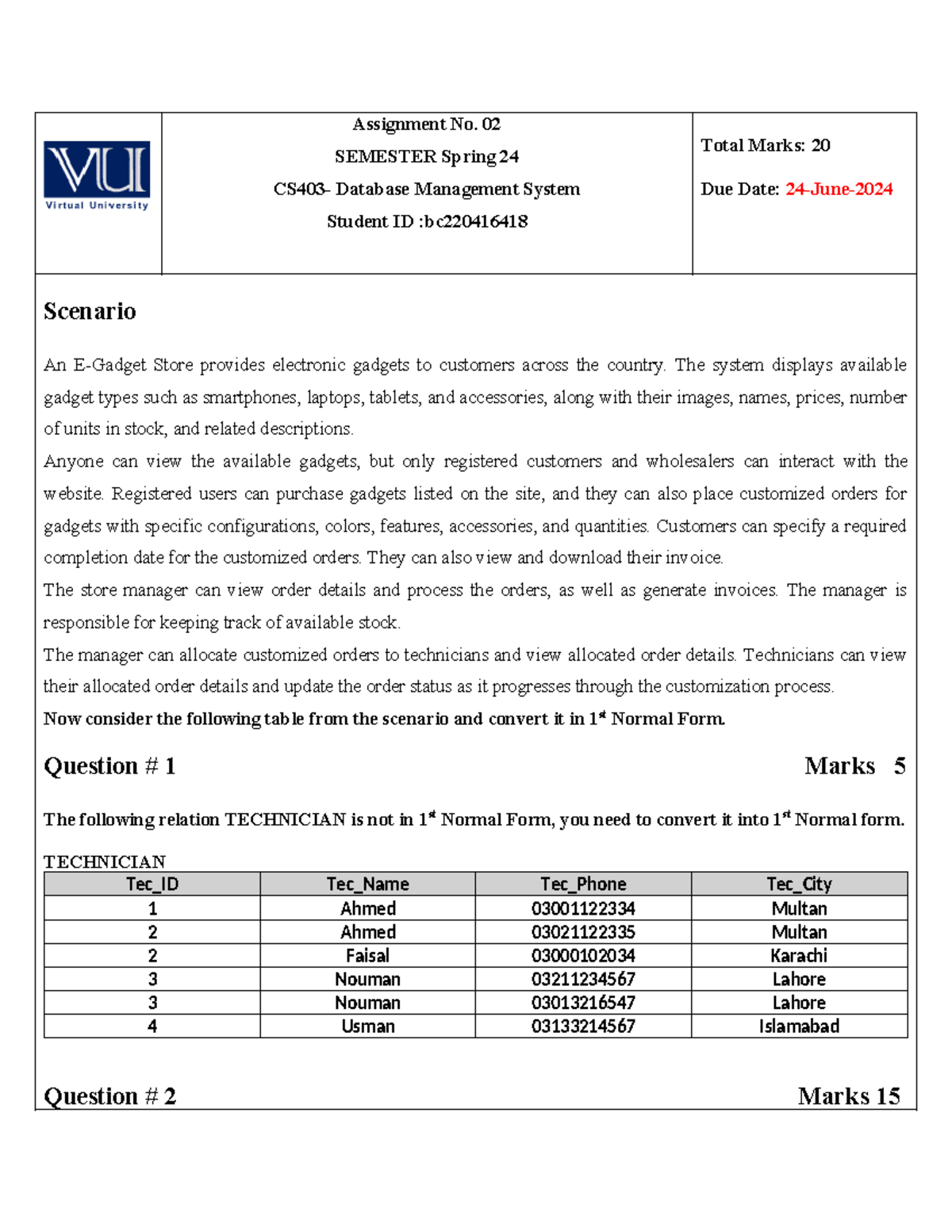 Spring 2024 CS403 2 - It will be helpful for you - Assignment No. 02 SEMESTER Spring 24 CS403 ...