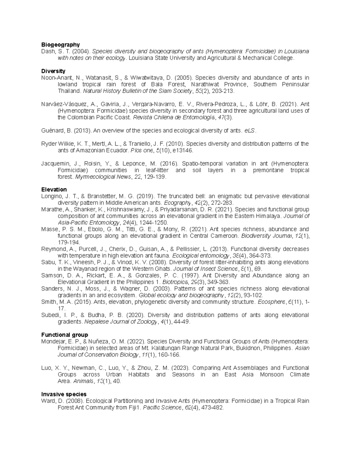 Ant studies - ant literature - Biogeography Dash, S. T. (2004). Species ...