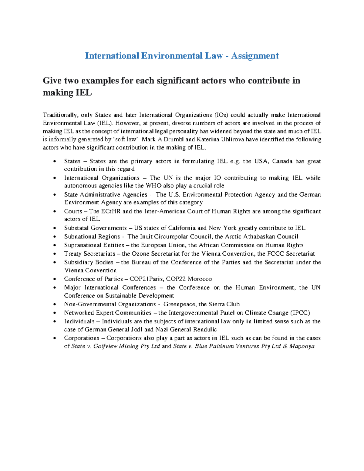 Int. Environmental Law Assignment - International Environmental Law ...