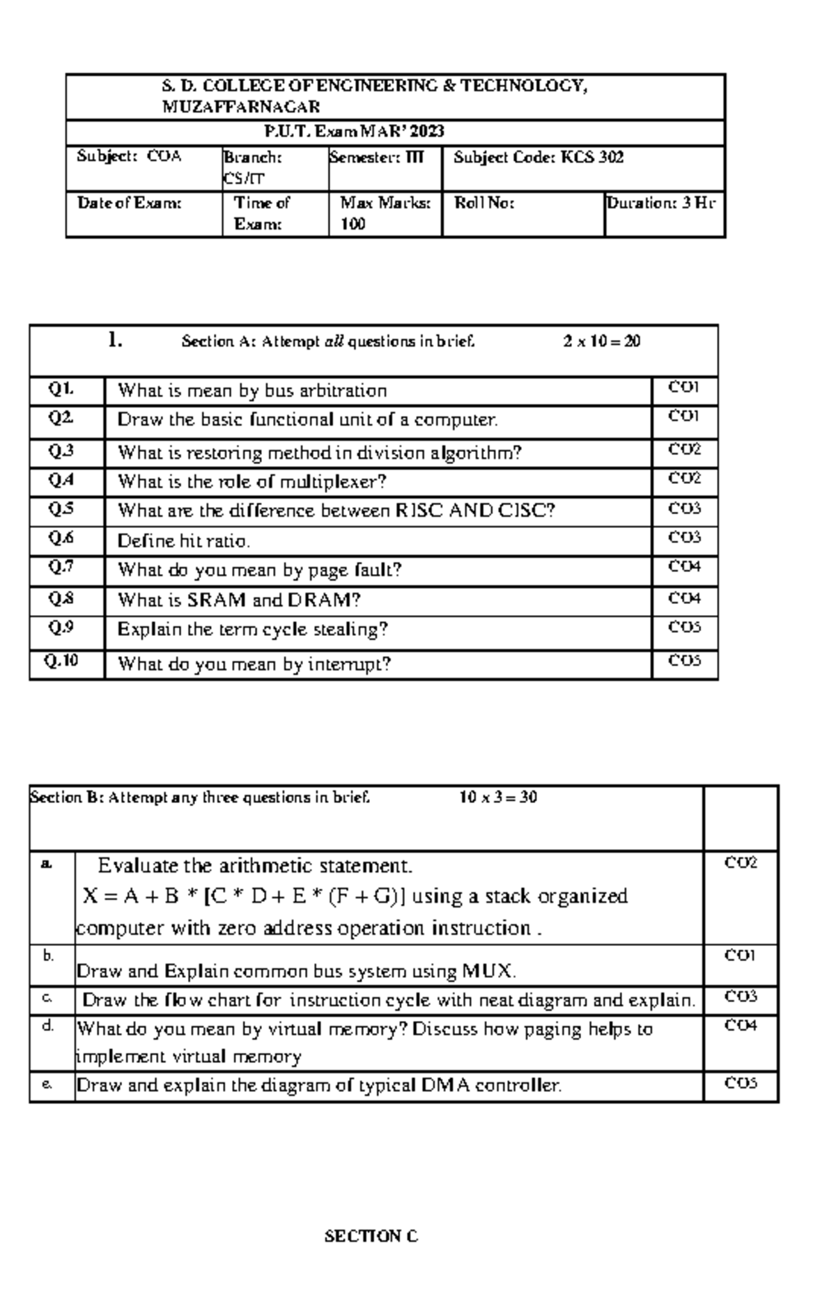 COA March 2023 - dsda - SECTION C S. D. COLLEGE OF ENGINEERING ...