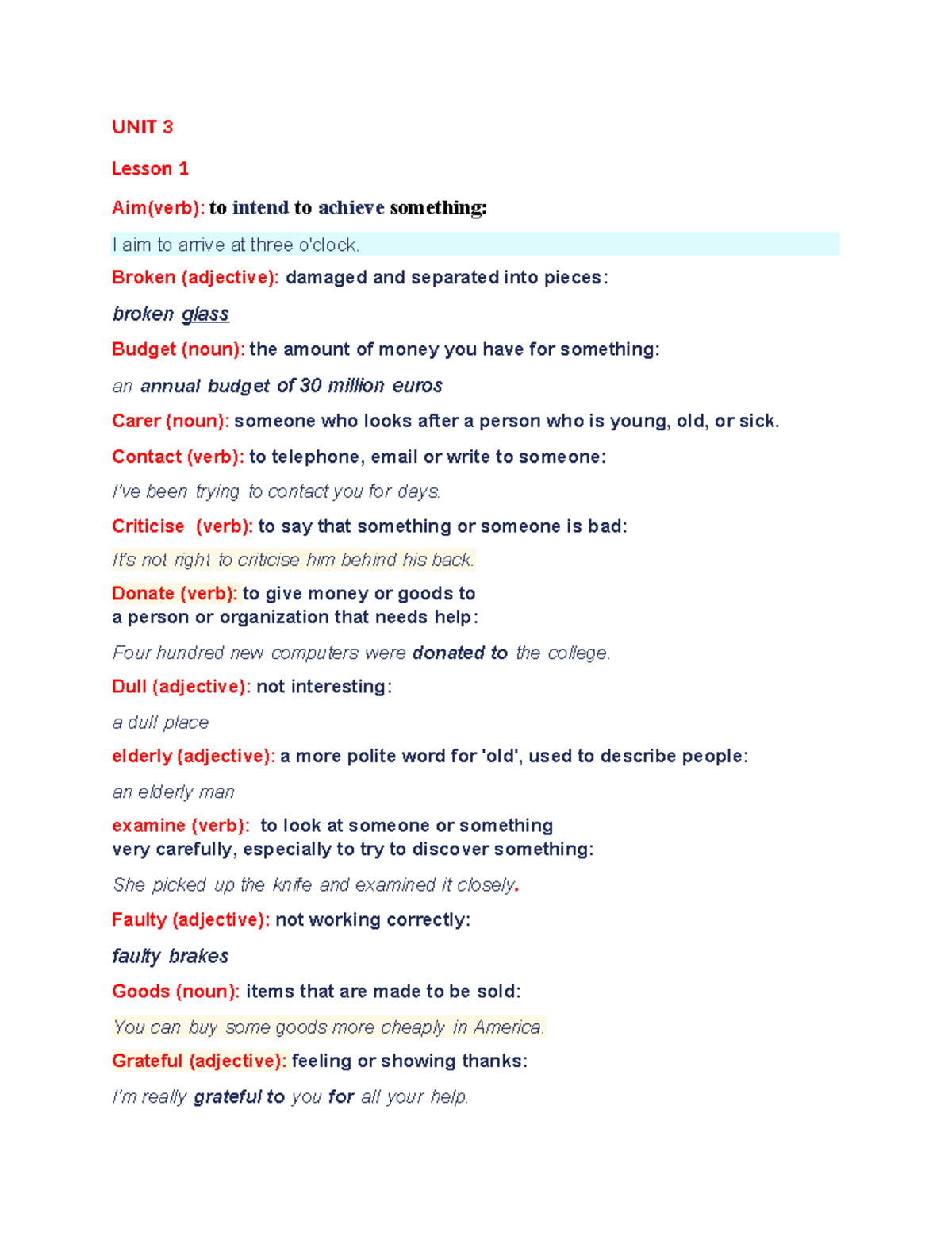 Unit 3 Lesson 1&2-vocabulary - UNIT 3 Lesson 1 Aim(verb): to intend to ...