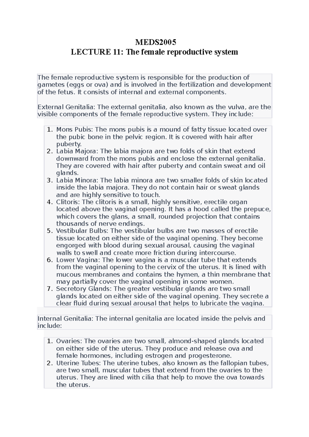 MEDS2005 Lecture 11 Notes - MEDS LECTURE 11: The female reproductive ...