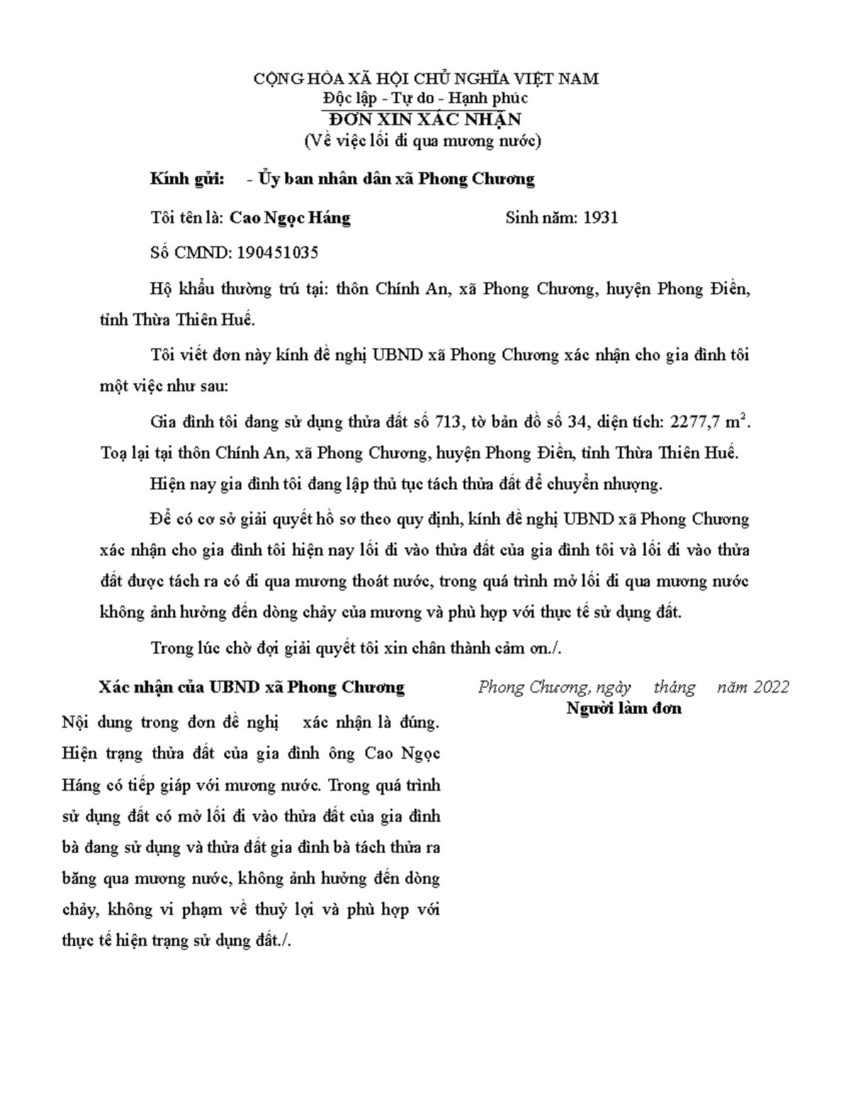 Đơn xin xac nhạn vv loi di qua muog nuoc - CỘNG HÒA XÃ HỘI CHỦ NGHĨA ...