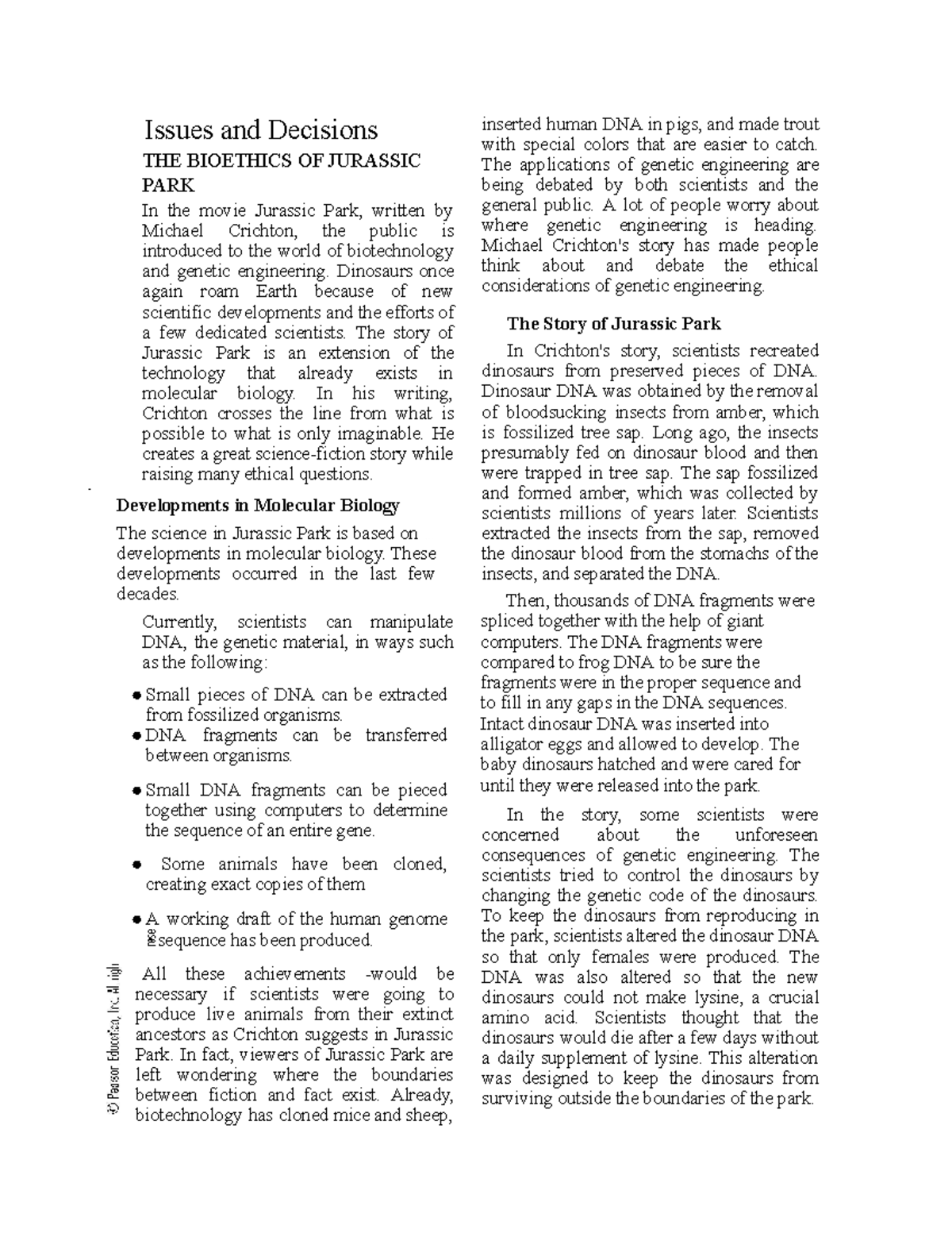 Jurrasic Park Bio Ethics - Issues and Decisions THE BIOETHICS OF ...