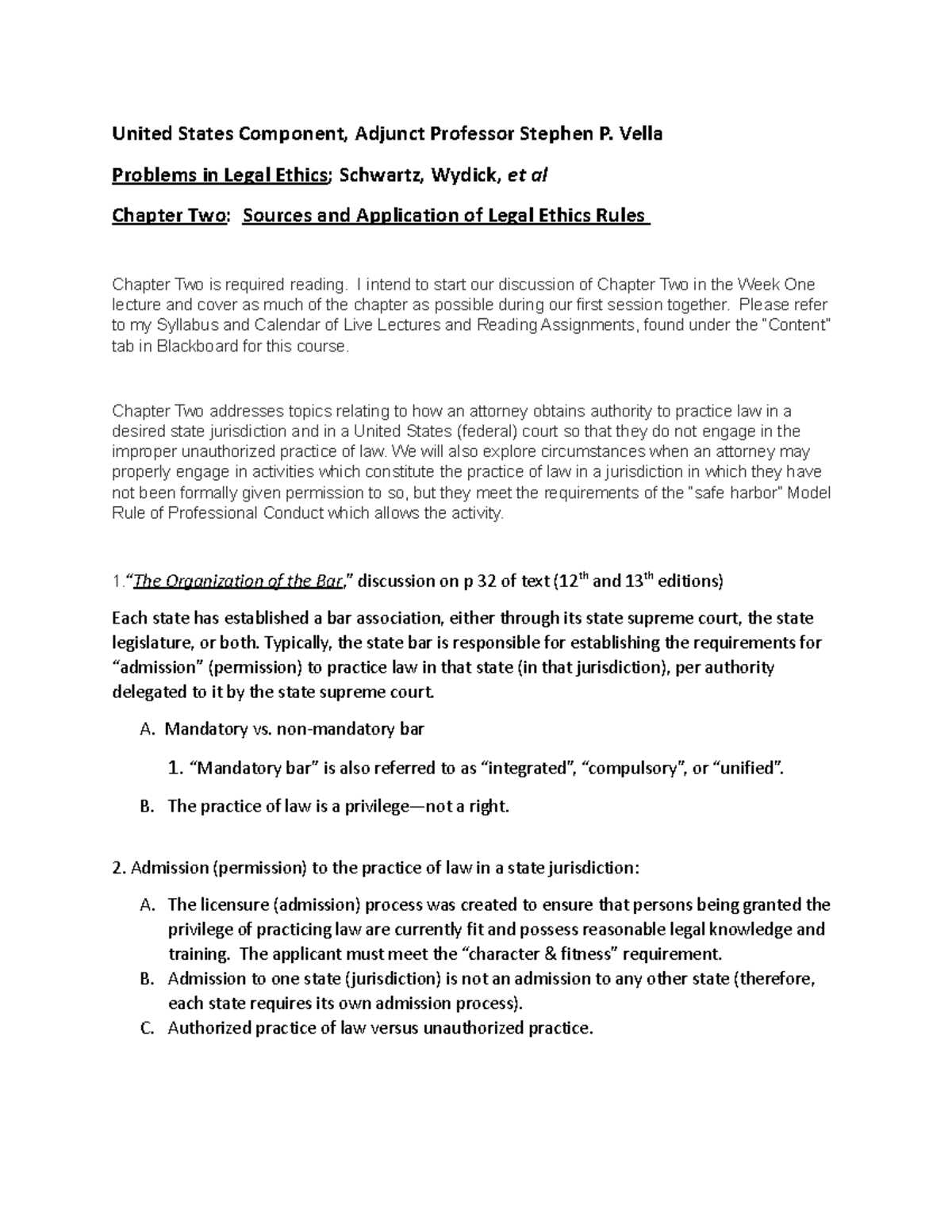 Chapter 2 Outline - .... - United States Component, Adjunct Professor ...