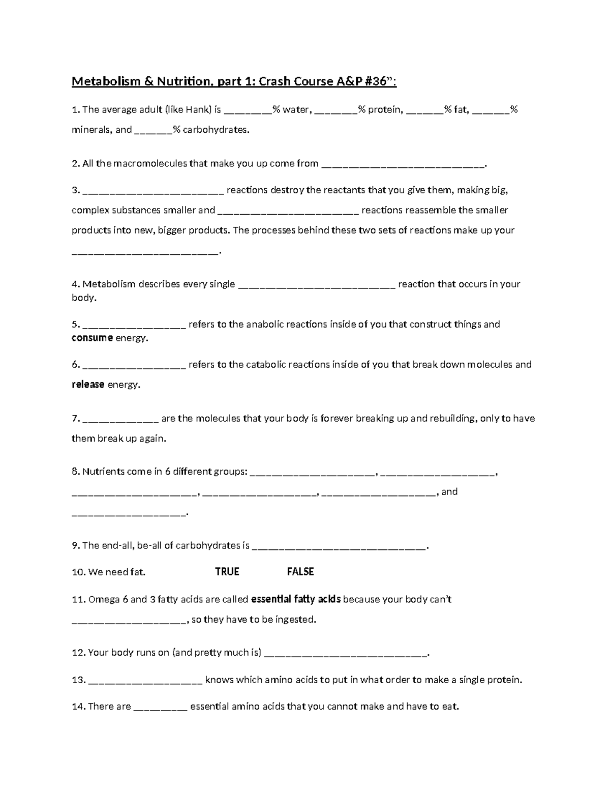 Crash course metabolism and nutrition - Metabolism & Nutrition, part 1 ...