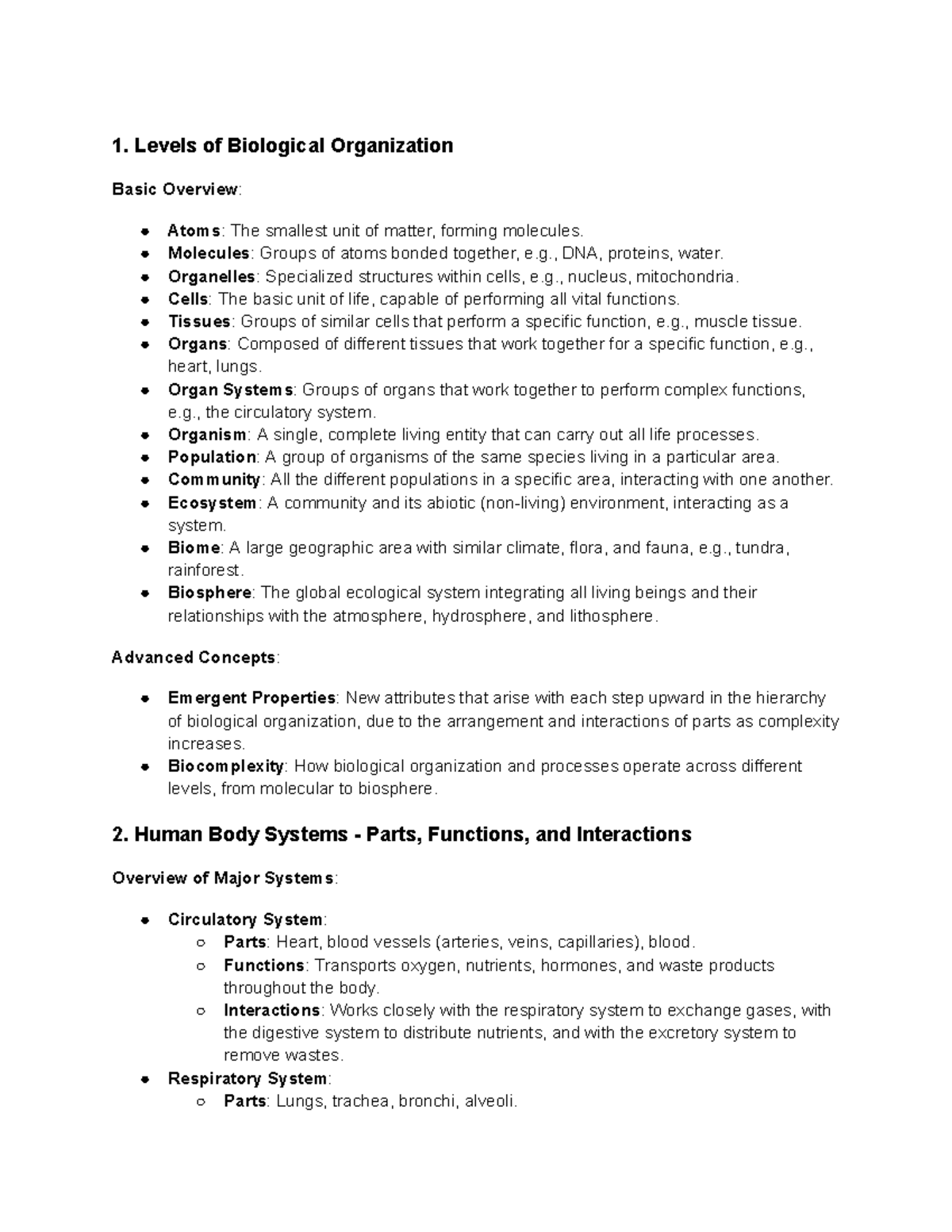 Bio - bkcrjcf - 1. Levels of Biological Organization Basic Overview: Atoms: The smallest unit of ...