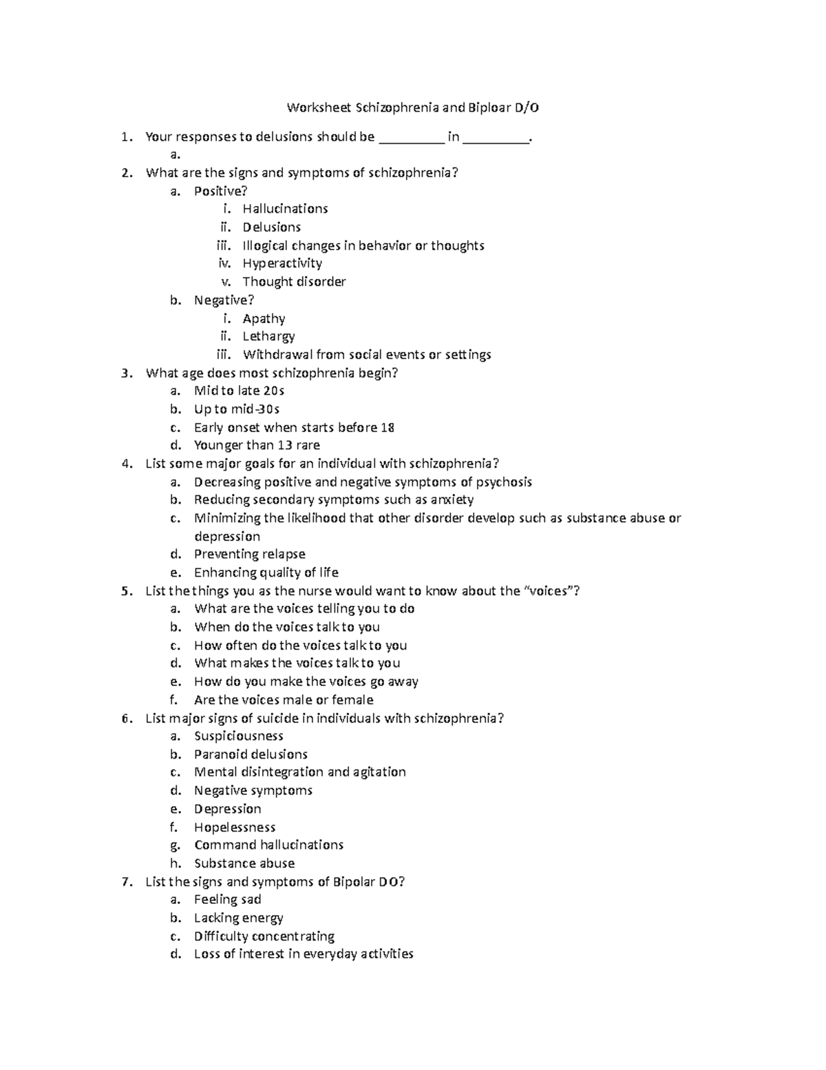 Worksheet schizo and bipolar - Worksheet Schizophrenia and Biploar D/O ...