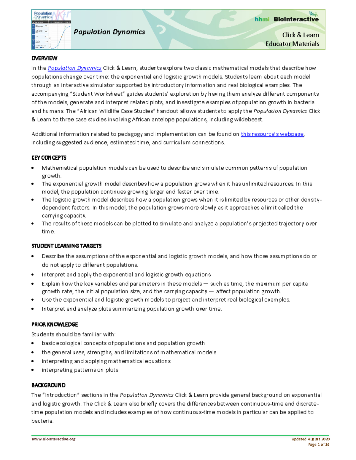 Population Dynamics - Students learn about each model through an ...