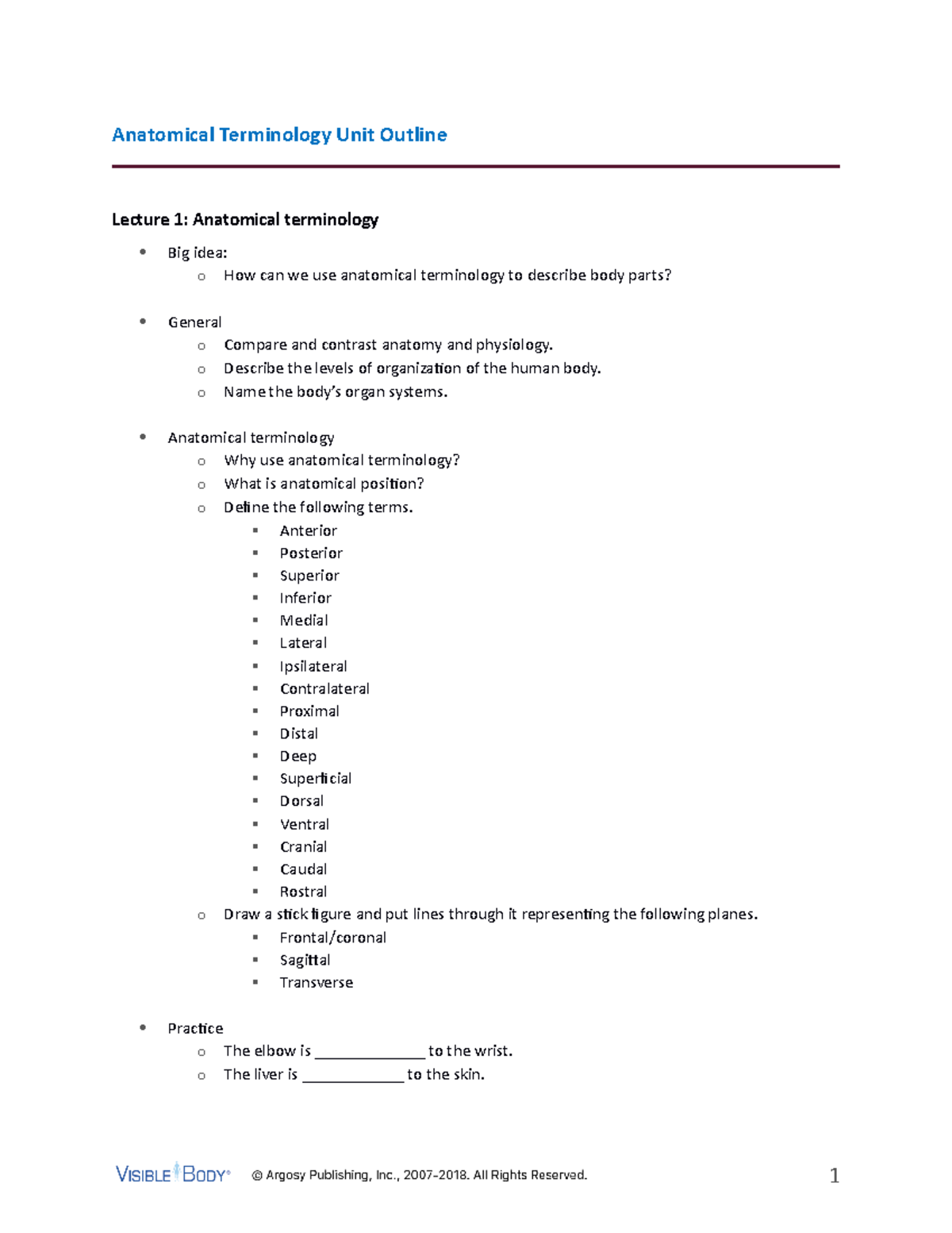 Anatomical terminology unit outline - Anatomical Terminology Unit ...