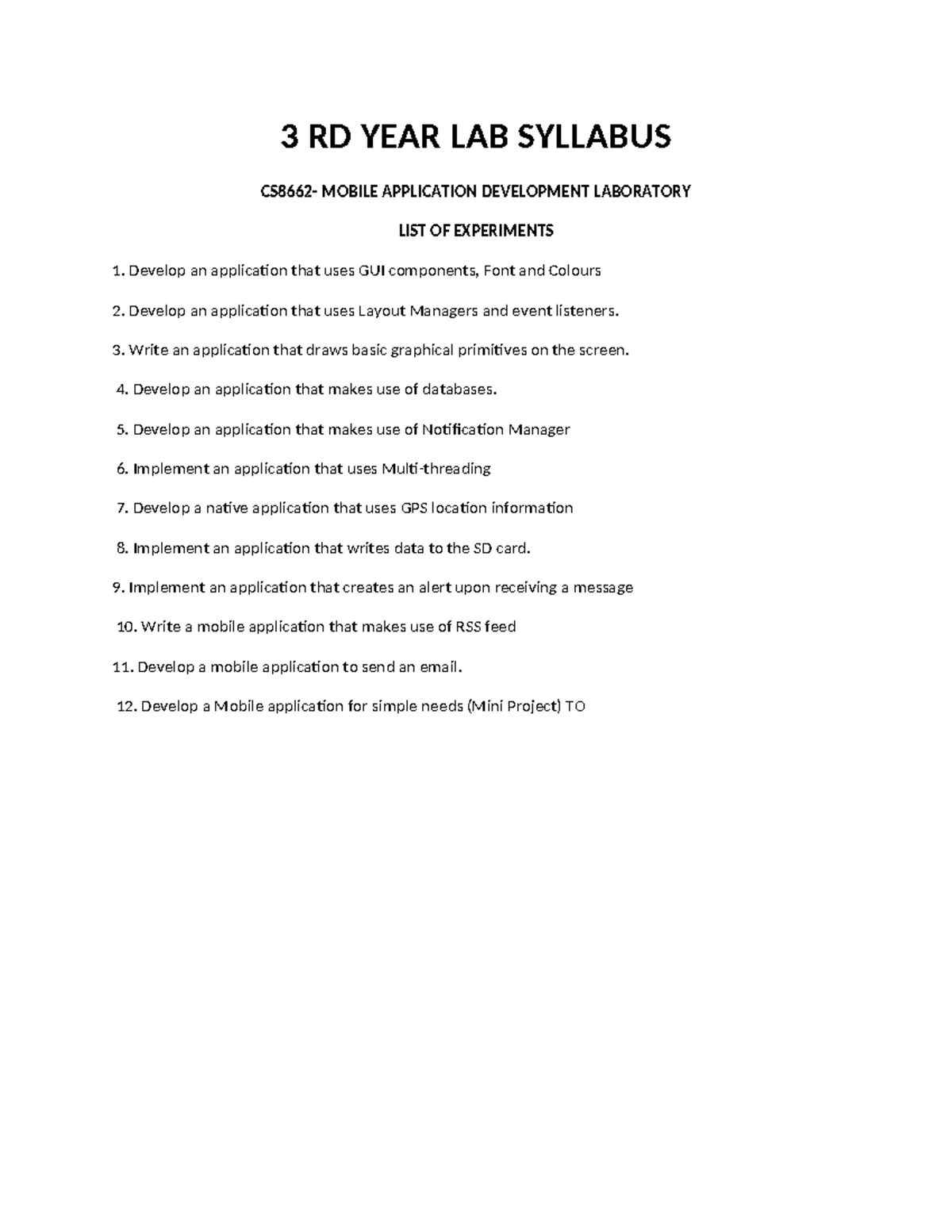 3 RD YEAR LAB Syllabus - 3 RD YEAR LAB SYLLABUS CS8662- MOBILE ...