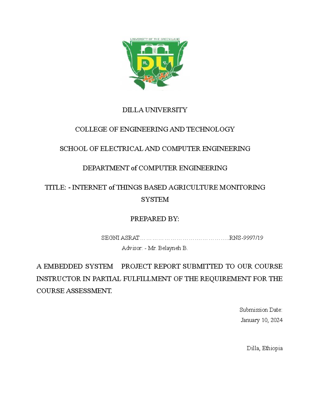 ESPsrojectdoc - emb - DILLA UNIVERSITY COLLEGE OF ENGINEERING AND TECHNOLOGY SCHOOL OF ...