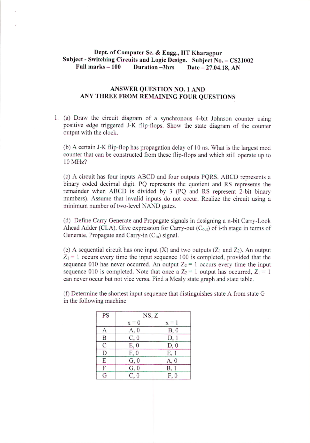 CS21002 Switching Circuits and Logic Design - ####### Dept. of Computer Sc. & Engg., liT - Studocu