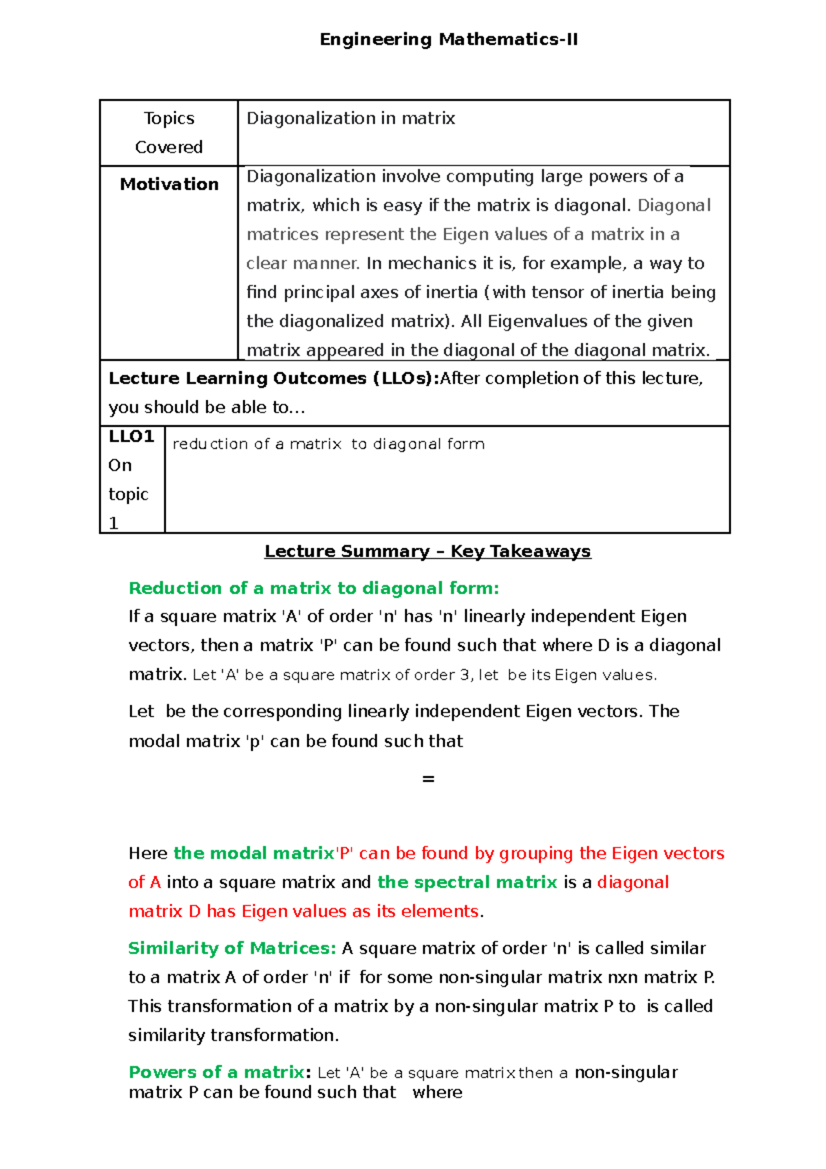 Diagonalization In Matrix Engineering Mathematics Ii Topics Covered