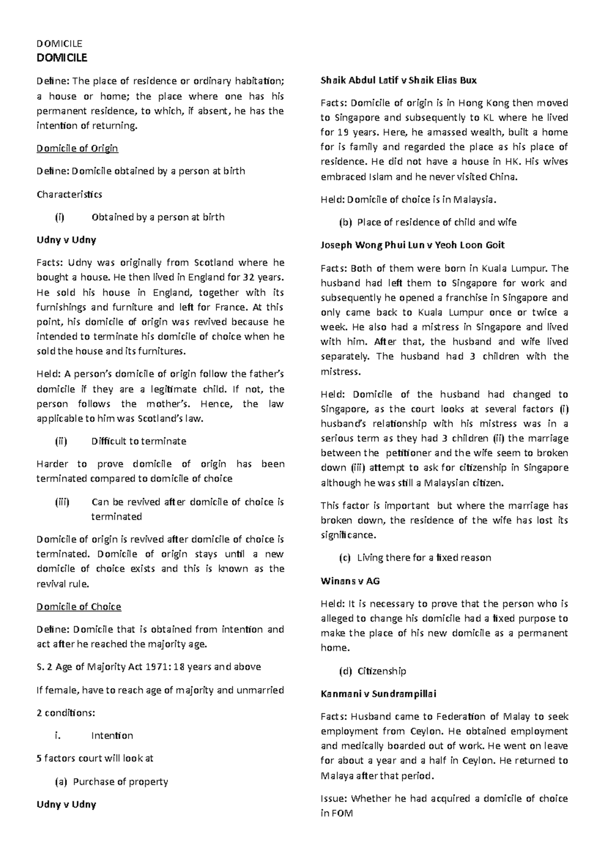 Family LAW ( Domicile) Notes - DOMICILE Define: The place of residence ...