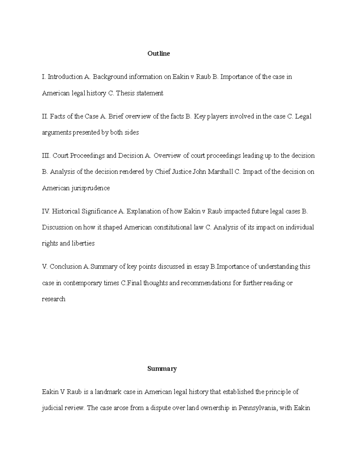 Eakin v. Raub Case Brief Outline and Summary - Outline I. Introduction ...