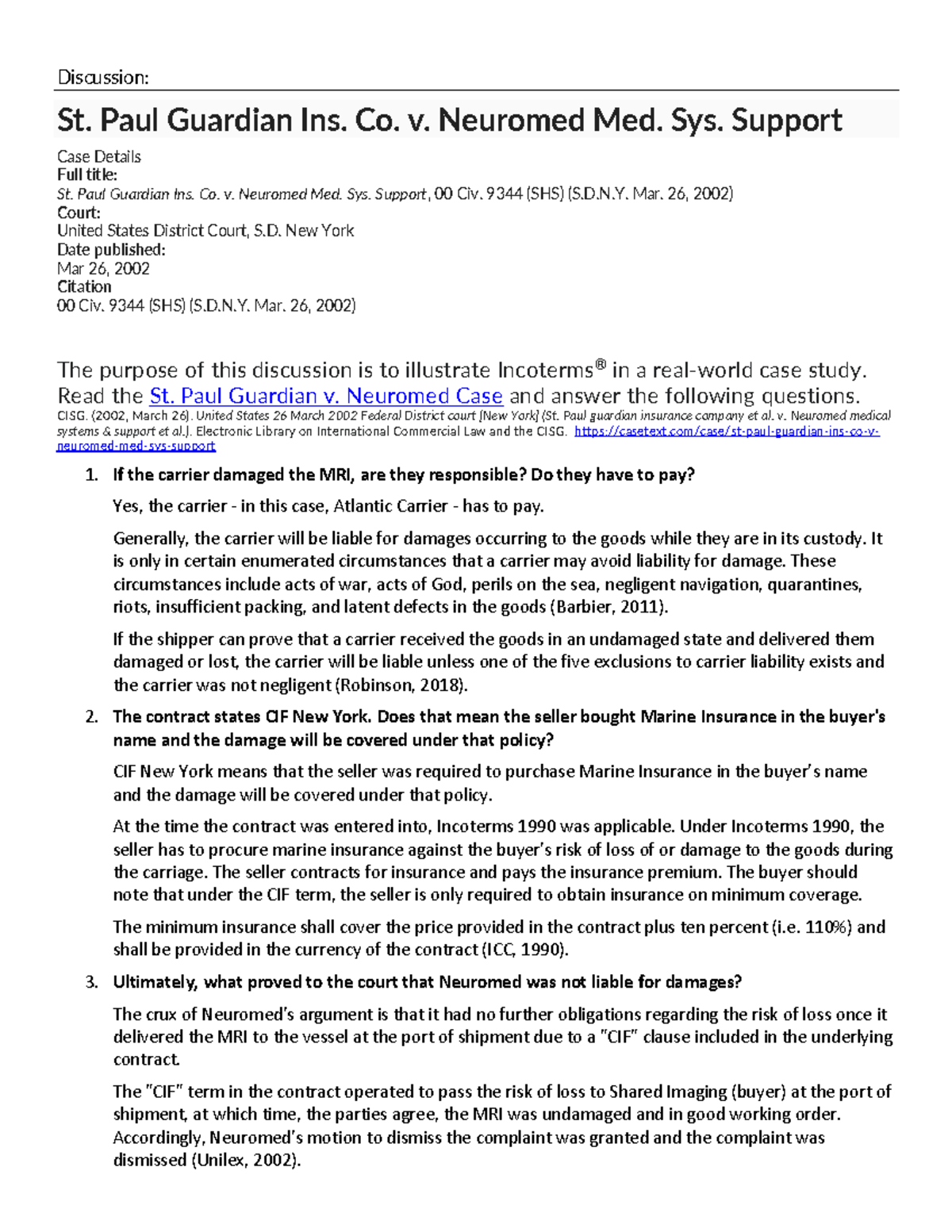 INTL 704 Discussion Post on Guardian v Neuromed - Discussion: St. Paul ...