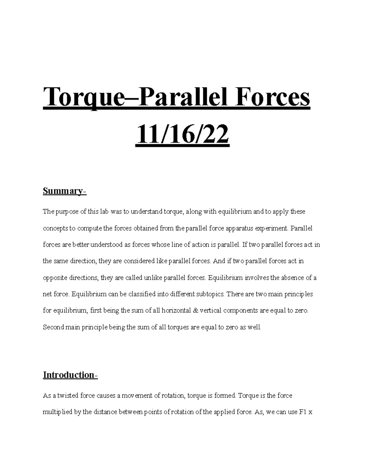 Torque–Parallel Forces-2 - Torque–Parallel Forces 11/16/ Summary- The ...