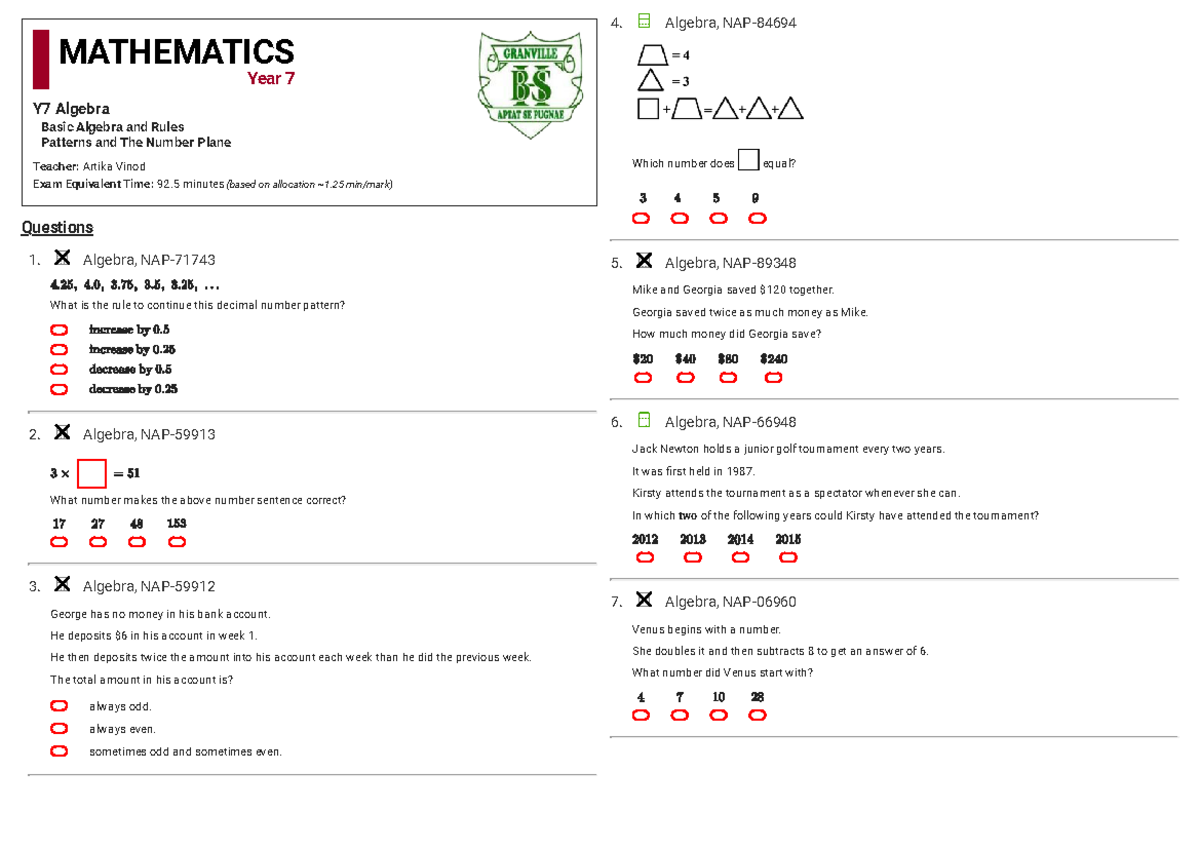 Y7 Algebra Smarter maths - Algebra, NAP- Algebra, NAP- Algebra, NAP- Y7 ...