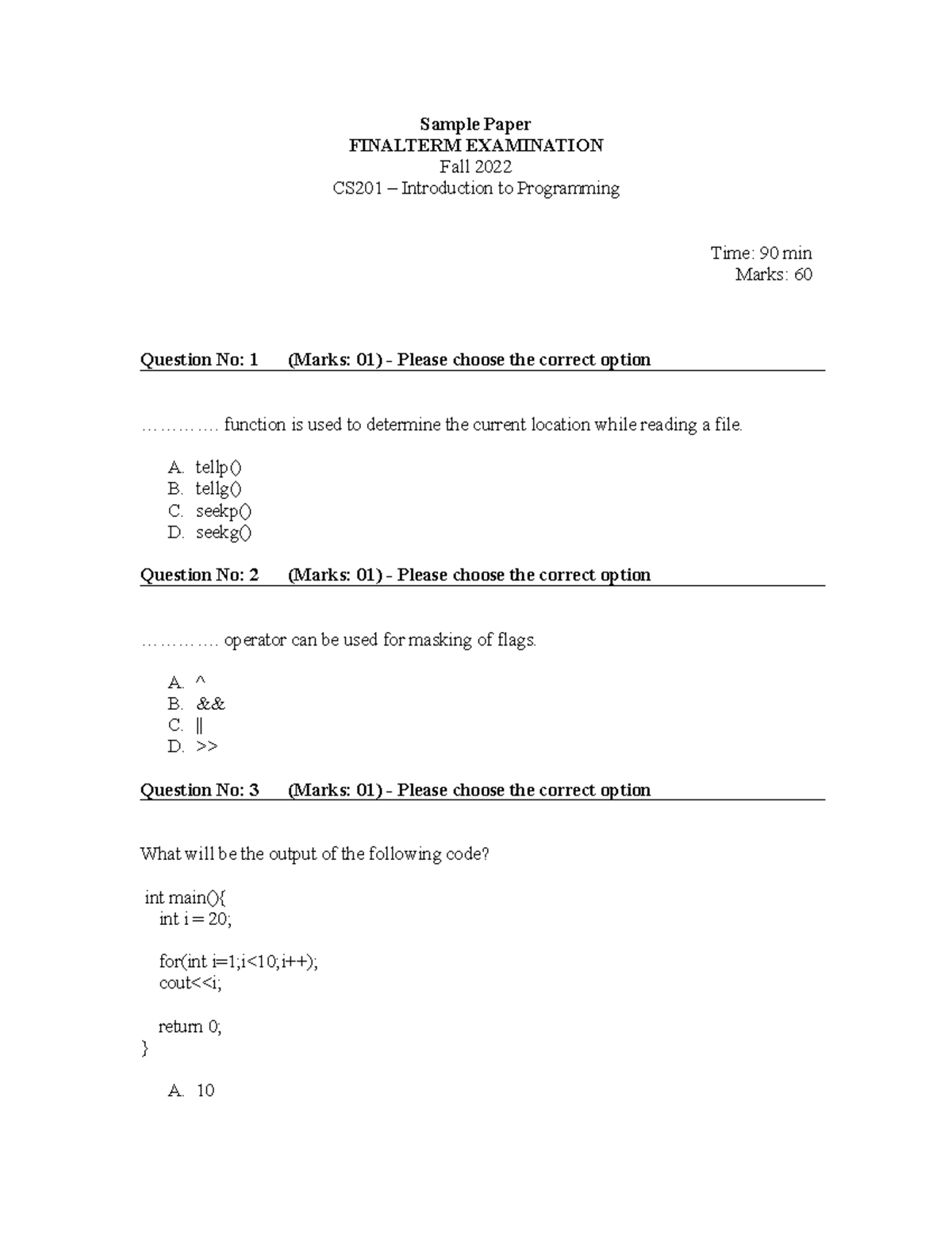 Sample Paper of CS201 - notes - Sample Paper FINALTERM EXAMINATION Fall ...